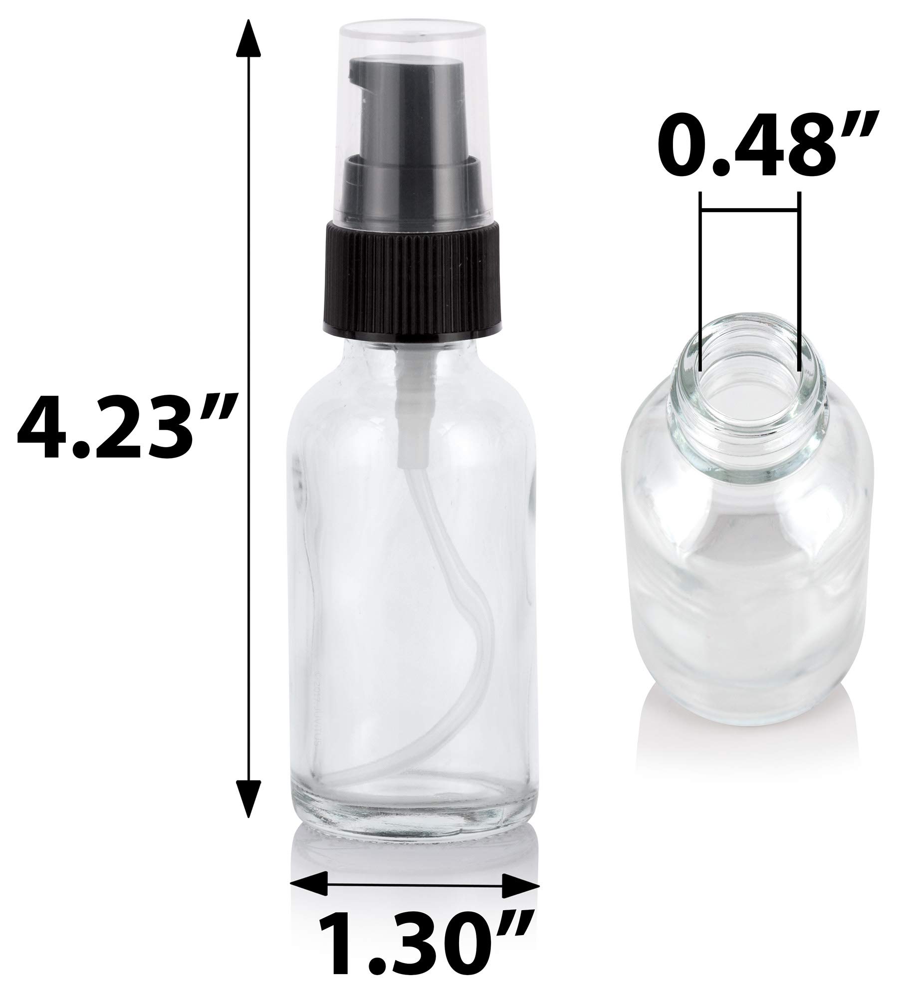 1 oz / 30 ml Clear Glass Boston Round Bottle with Black Treatment Pump + Funnel (24 Pack)