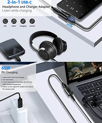 2 in 1 Galaxy Pixel Headphone Adapter, USB C to 3.5mm Aux and 60W PD Charge Adapter Compatible with Samsung S23 S22 S21 S20 S20+ Ultra Note 10 20 Ultra, Google Pixel 7 6 Pro 5 4 XL 3 XL 2XL, Pico 4