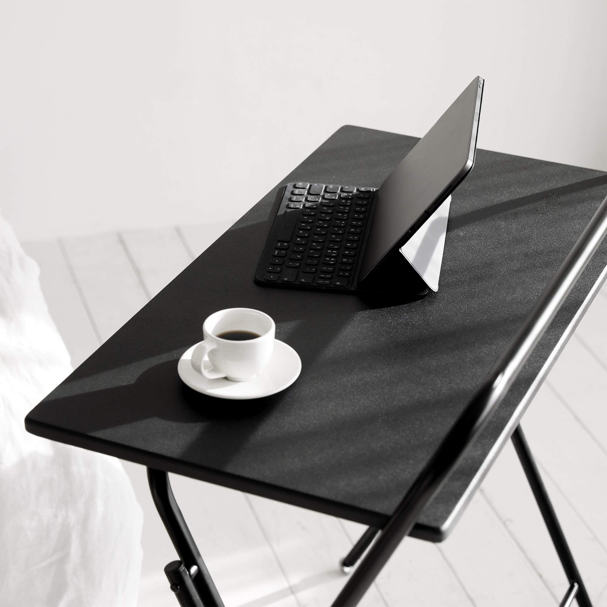 【Roomnhome】 27'' Height Foldable Home Office Desk, for Small Space, Metal Frame with Plastic Sheet Coated Desk Surface (Black)