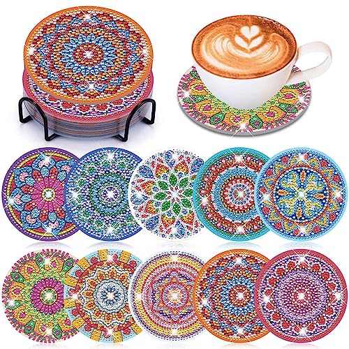 10 Pcs Diamond Painting Coasters with Holder, Mandala DIY Diamond Art Coasters Kits for Adults Kids Beginners Art Craft Supplies