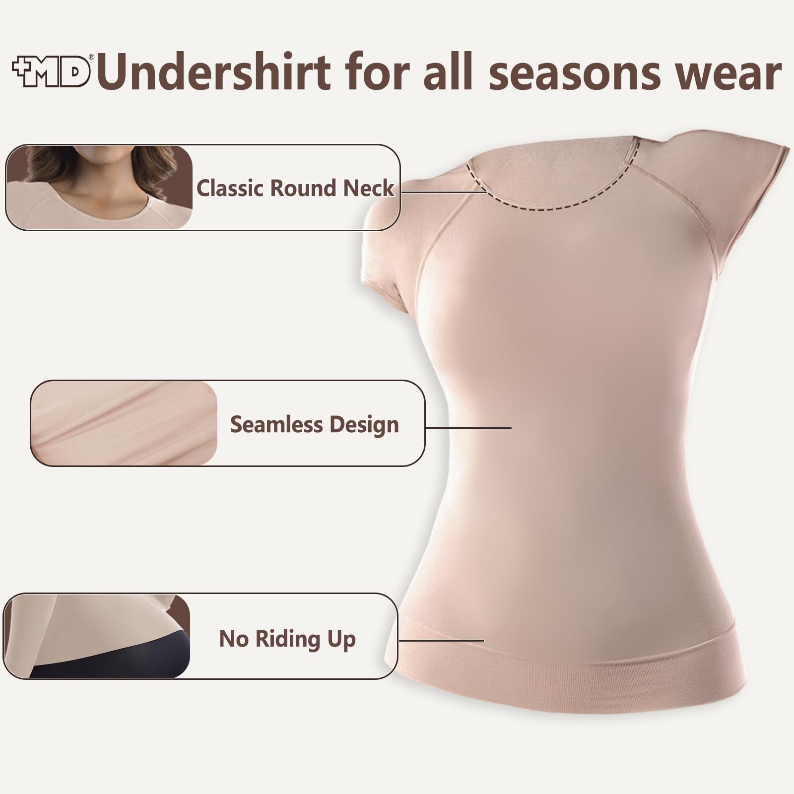 +MD Women's Seamless T-Shirt Scoop Neck Short Sleeve Comfort Light Control Shapewear Undershirt Pyjamas