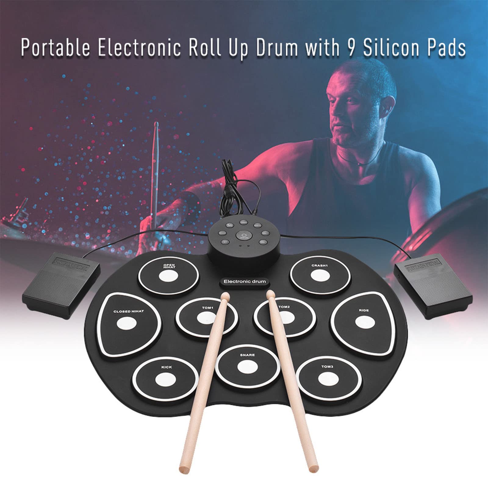 #o0n508 Electronic Drum Set Folding Silicone Hand Roll Electronic Drum Roll Up Drum Practice Pad Kit Drum Pedals Drum Sticks