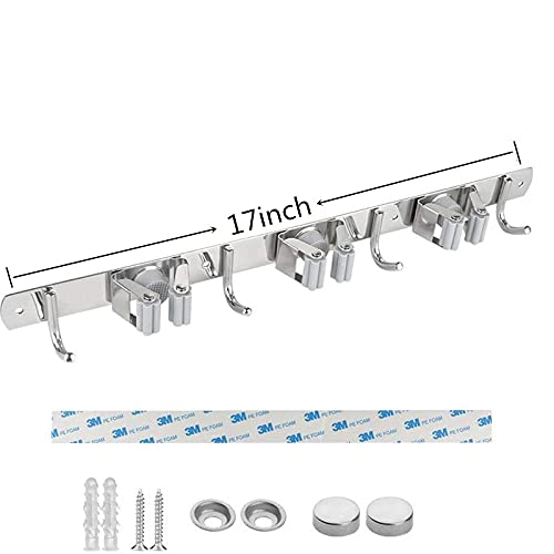 1 Pack Broom Mop Holder Wall Mount Garage Organization Wall Organizer Storage Broom Closet Kitchen Organization Heavy Duty Garage Tools Hanger with 3 Racks 4 Hooks for Garden Laundry Room (Green)