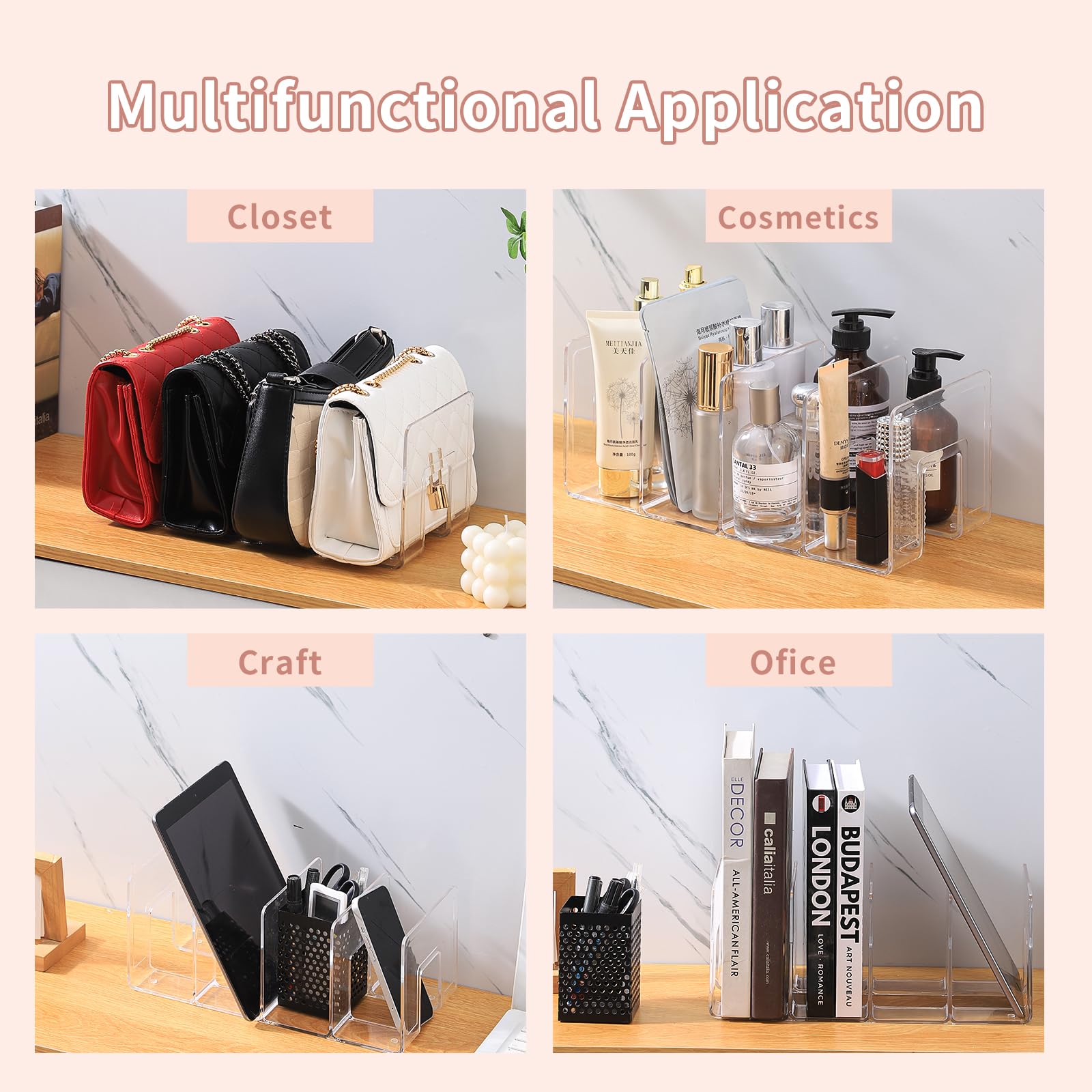 1 Pack Clear Plastic Purse Handbag Organizer 4 Sections Bag Closet Shelf Divider Purse Display Stand Handbag Storage Organizer Clear Desk File Sorter Stand Holder Bookshelf 13 x 6 x 5 Inches