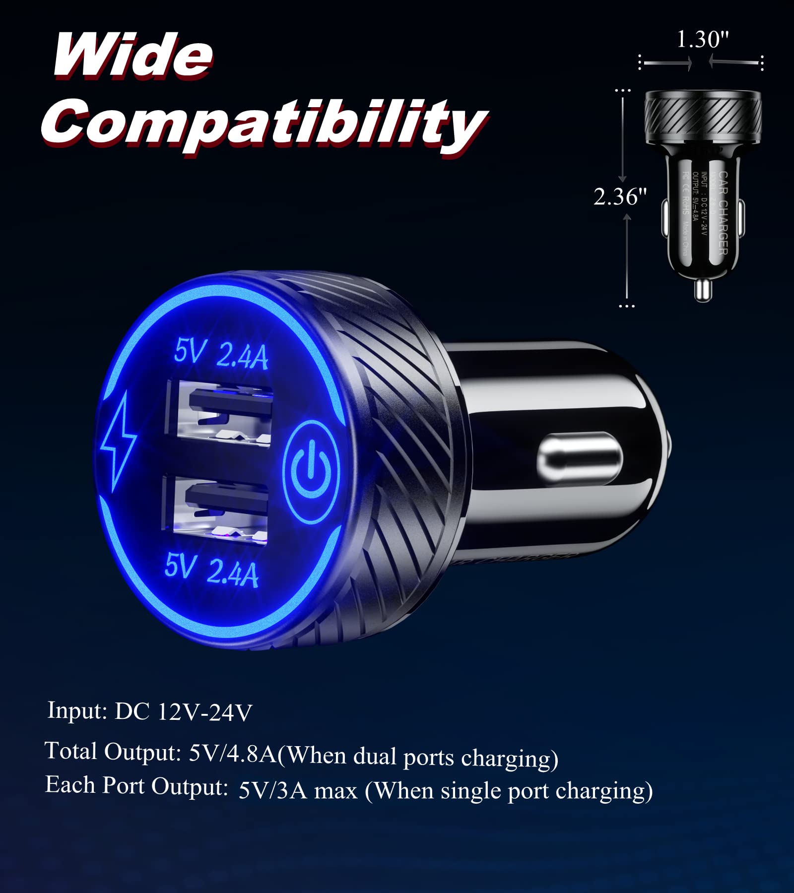 【2Pack】 USB Car Charger, Dual USB Port Car Charger Adapter, 5V/4.8A Charge Car Phone Charger with Blue LED & Touch Switch Fit for iPhone 13/12 Pro/Max/8, Galaxy S21/20/10/9 (Black)