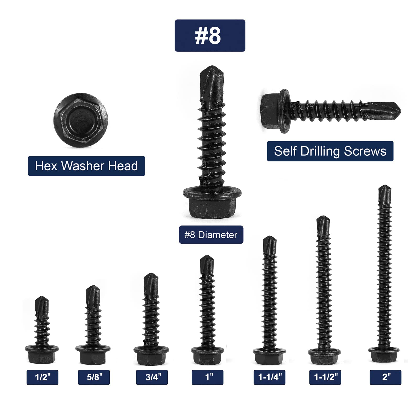 #8 x 1" Sheet Metal Screws 100PCS 410 Stainless Steel Hex Washer Head Tek Screws Fast Self Tapping Screws Black Oxide by SG TZH