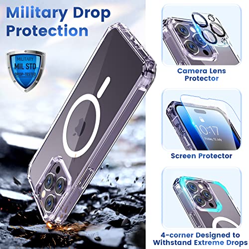【3 in 1】Nuleto for iPhone 14 Pro Case, iPhone 14 Pro MagSafe Case Built-in 9H Tempered Glass Screen Protector & Camera Lens Protector Full-Body Protective Heavy Duty Shockproof Slim Thin Cover - Clear