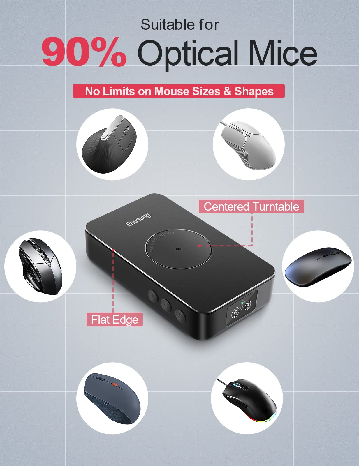 【Screen Display & Interval Timer】ENUSUNG Nice Mouse Mover, Undetectable Mechanical Mouse Jiggler, With ON/OFF Switch and Adjustable Timer(between 5-60s), Silent Automatic Mouse Shaker, Keeps PC Active