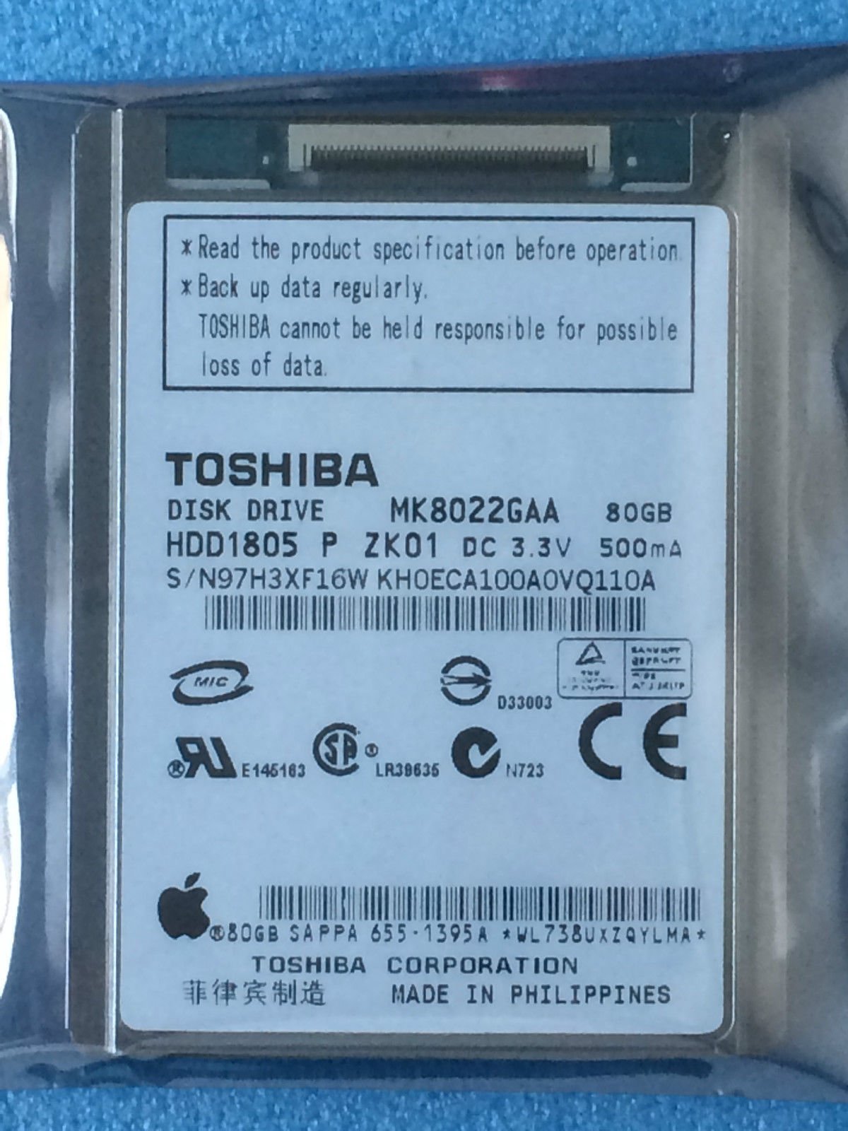 1.8" MK8022GAA HDD1805 5MM ZIF Hard Disk Drive 80GB For iPod Classic 6th gen