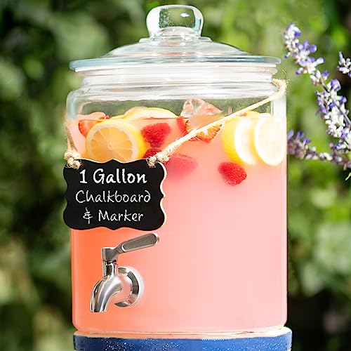 1 Gallon Beverage Dispenser with Stainless Steel Spigot + Marker & Chalkboard 100% Leakproof Glass Drink Dispenser for Parties with Spout, Airtight Beverage Serveware for Water, Juice, Laundry
