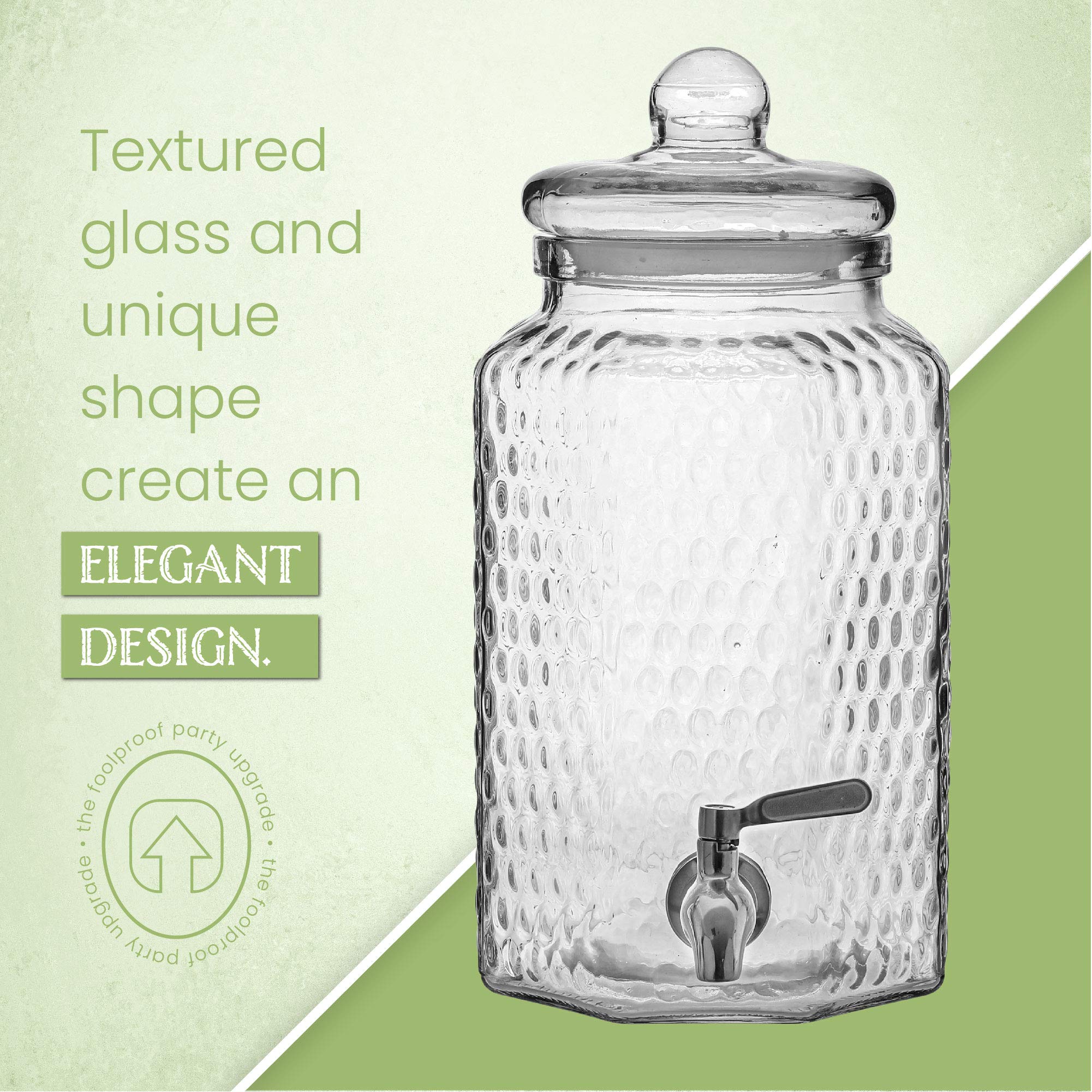 1 Gallon Glass Beverage Dispenser with Stainless Steel Spigot - Decorative Mason Jar Drink Dispenser for Parties, Fridge, Sun Tea, Iced Tea, Kombucha and Water