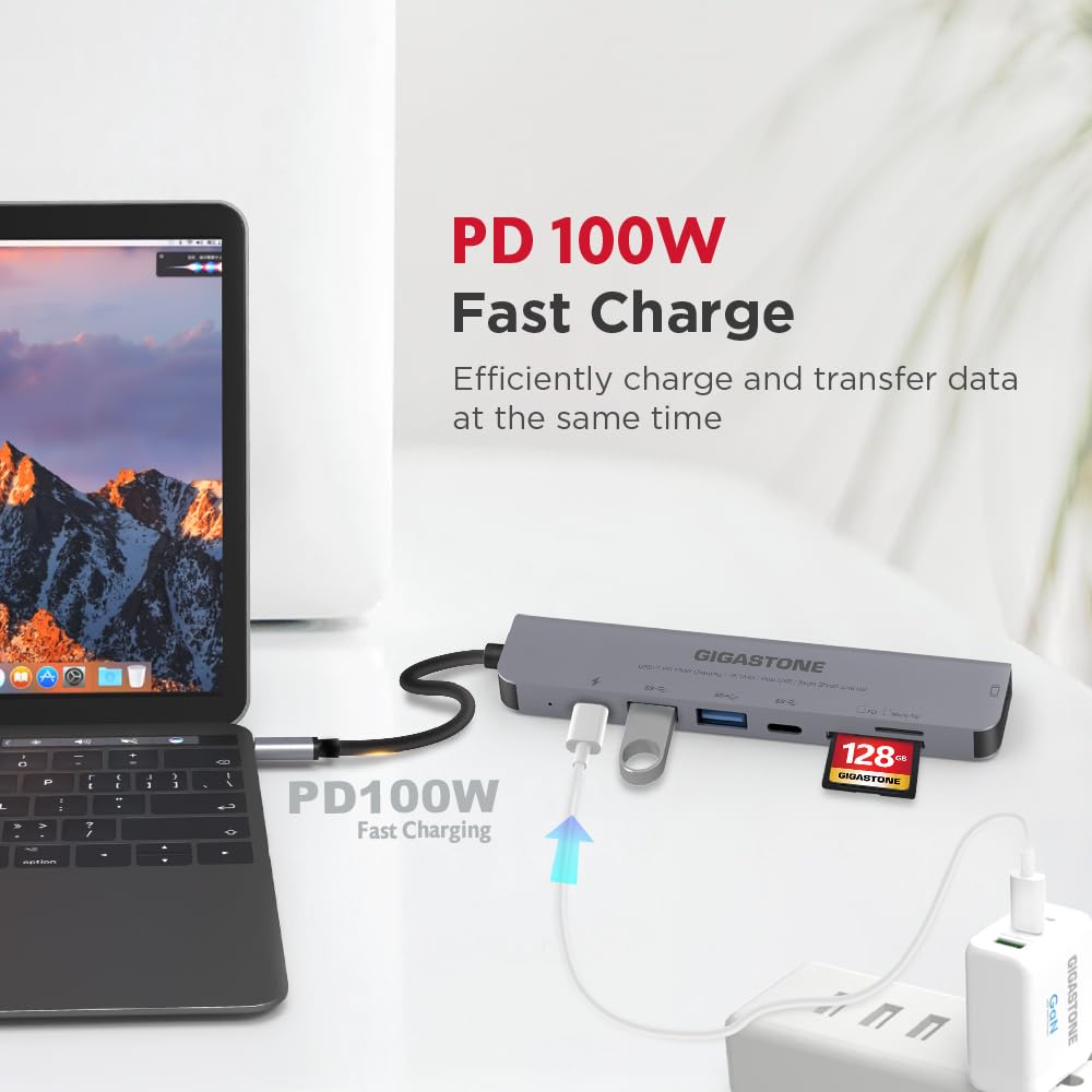 【USB C Hub】 Gigastone Multiport Adapter 7-in-1 USB C Docking Station with 4K HDMI, 100W Power Delivery, USB-C& 2 USB 3.0, SD & MicroSD Reader, for MacBook Air/Pro, Chromebook, Zenbook, Surface