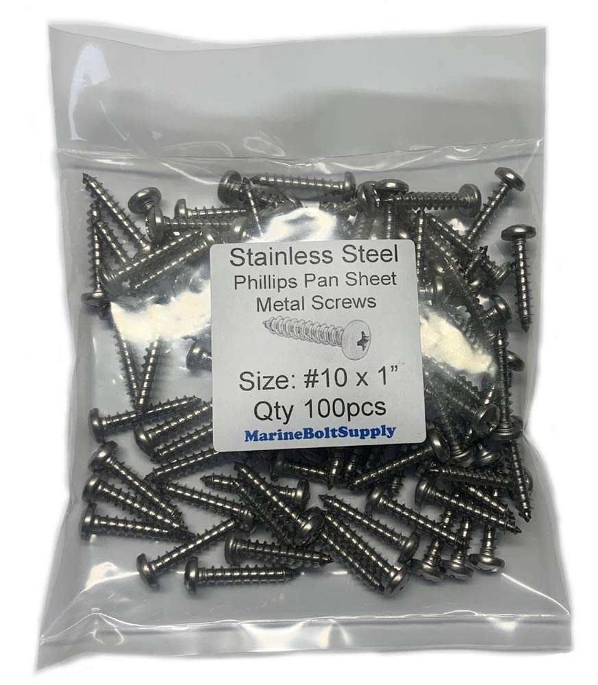 #10 x 1 Stainless Steel Pan Head Sheet Metal Screws, Full Thread, Phillips Drive, Bright Finish, Self-Tapping, Quantity 100 Pieces by Marine Bolt Supply