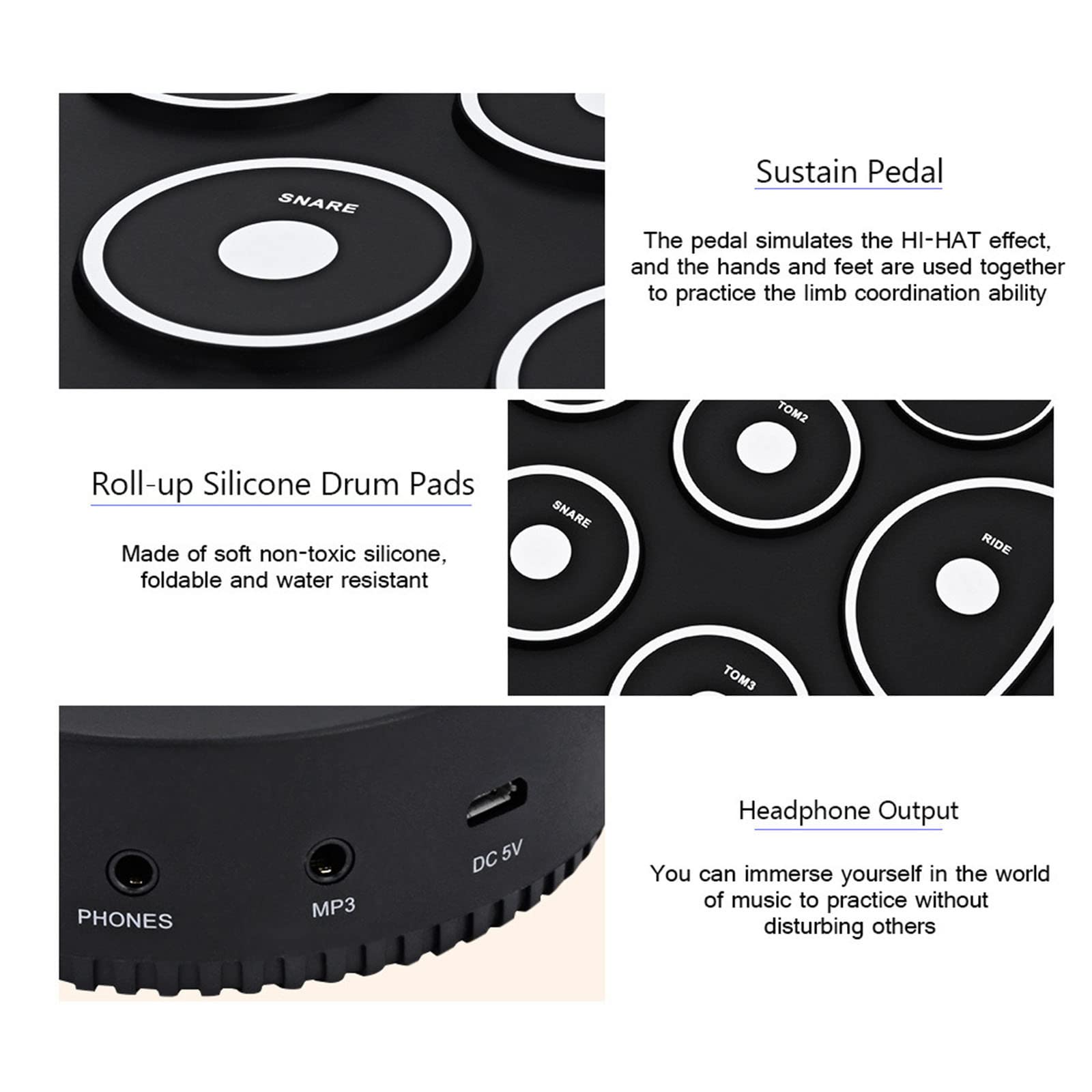 #o0n508 Electronic Drum Set Folding Silicone Hand Roll Electronic Drum Roll Up Drum Practice Pad Kit Drum Pedals Drum Sticks