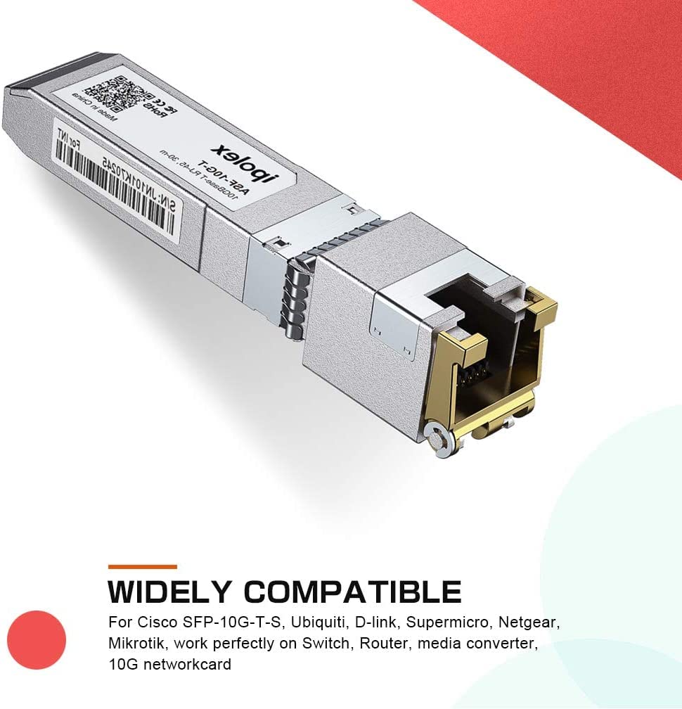 1.25/2.5/5/10G SFP+ to RJ45 Transceiver, 10GBase-T Copper SFP+ Module, 10G-T RJ45 Transceiver Compatible for Cisco SFP-10G-T, Ubiquiti F-RJ45-10G, Mikrotik, Netgear, TP-Link, D-Link and More