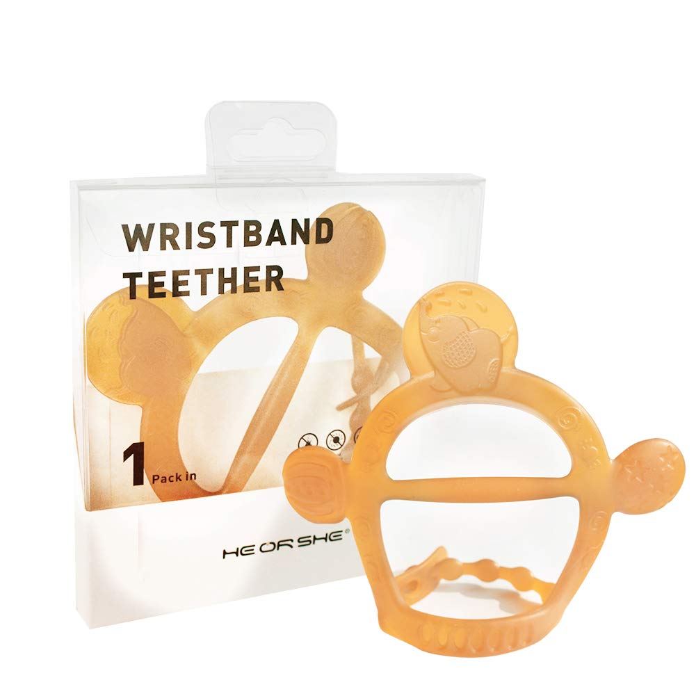 【Never Drop from Hand】 HEORSHE 2 Pack Baby Teething Toys for Babies 3-6 Months Teethers for Infant Toddlers Silicone Molars Adjustable Chew Toys for Babies 3 4 5 6 7 8 9 10 11 12 Months (Brown + Pink)
