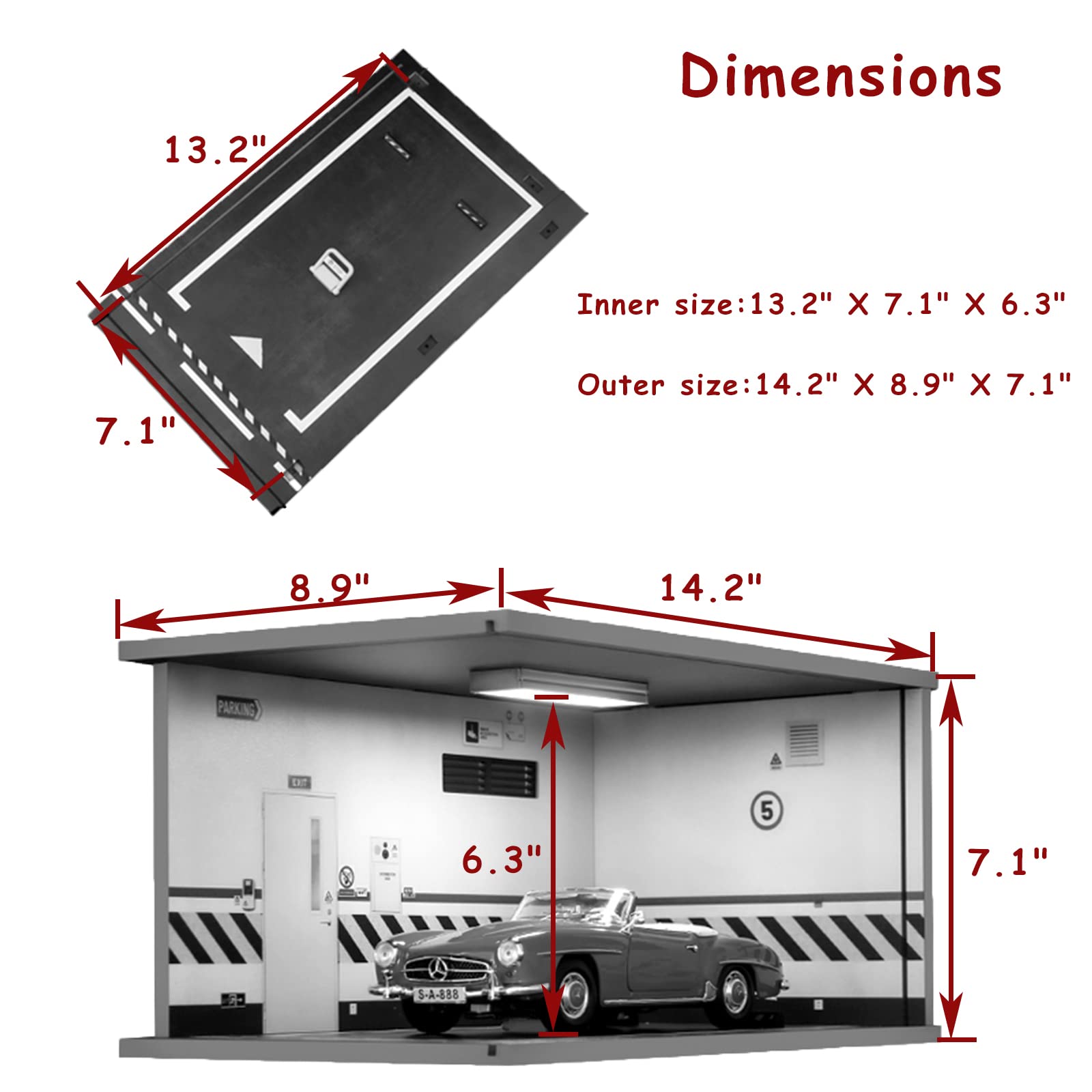 1/18 Scale Model Car Display Case - 1:18 Car Garage Display Case with Clear Acrylic Cover and LED Lighting for Die-Cast Cars, 1 Parking Route 66-Left