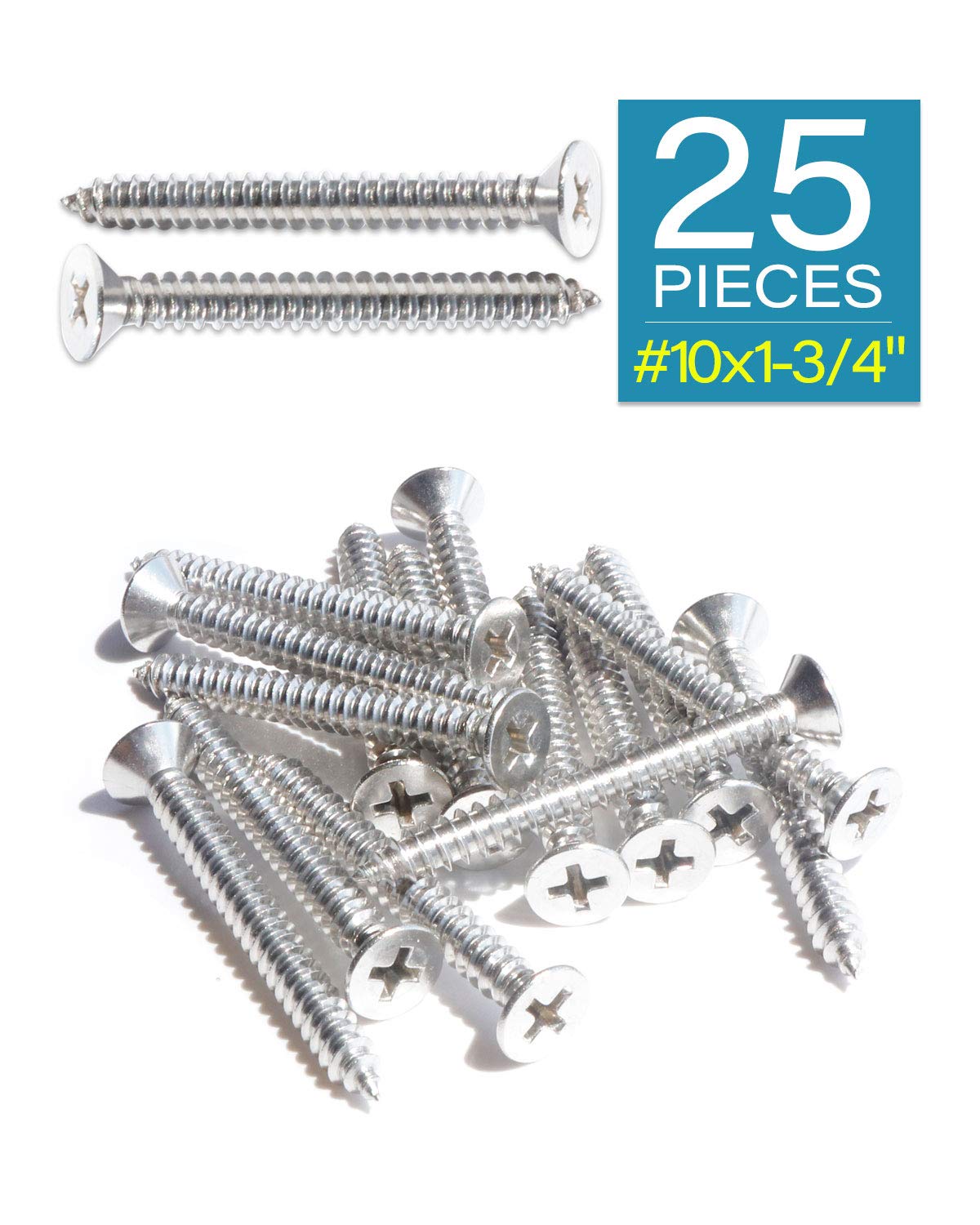 #10 x 1-3/4" Wood Screws, Self-Tapping Cabinet Screws 25pcs, Flat Head 18/8 Stainless Steel Sheet Metal Screws Countersunk Phillips Drive for Indoor and Outdoor Wooden Working by IMSCREWS