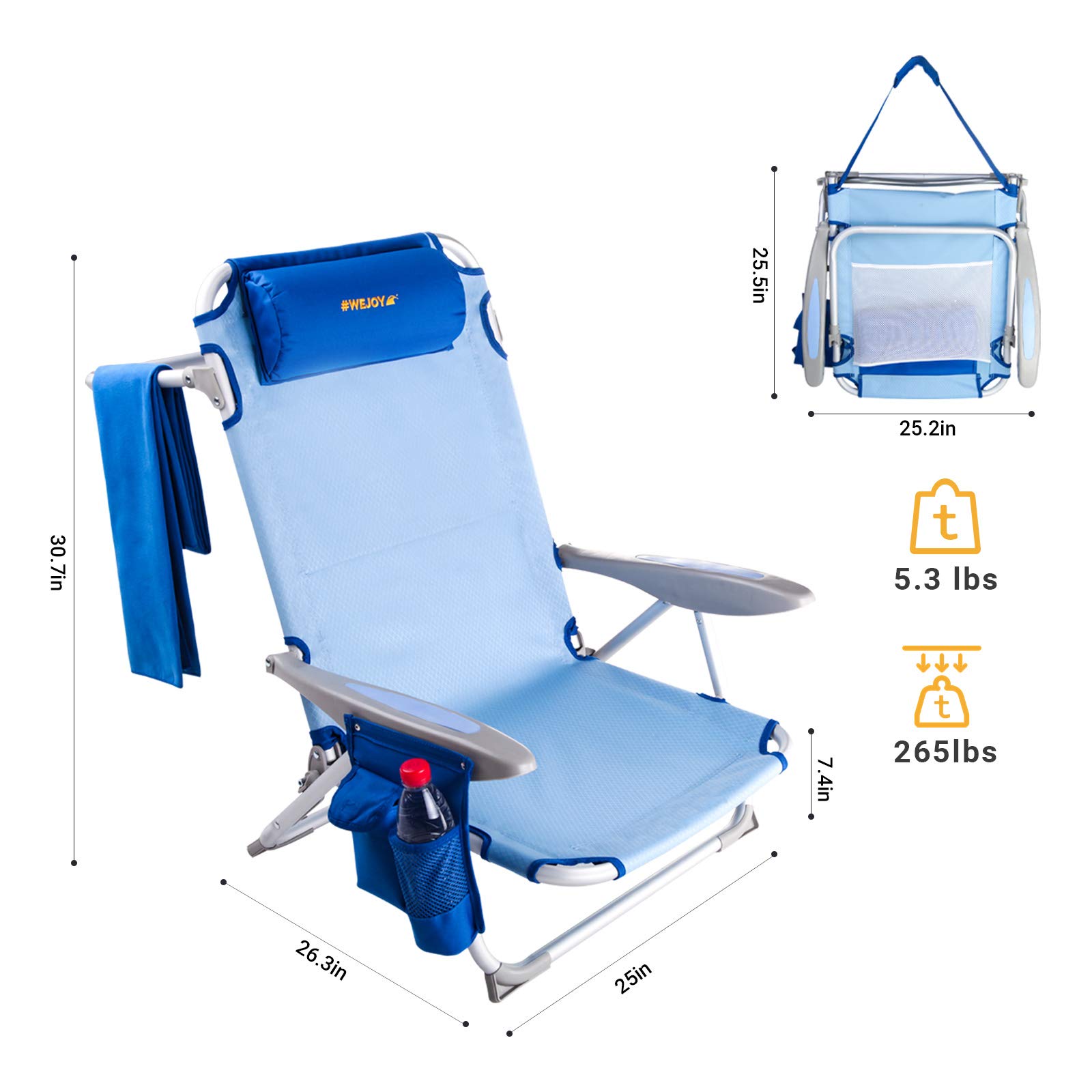 #WEJOY 4-Position Portable Reclining Beach Chair Lay Flat Stable Lightweight Folding Beach Chair with Removable Pillow, Side Pockets, Shoulder Strap, Supports 265 lbs