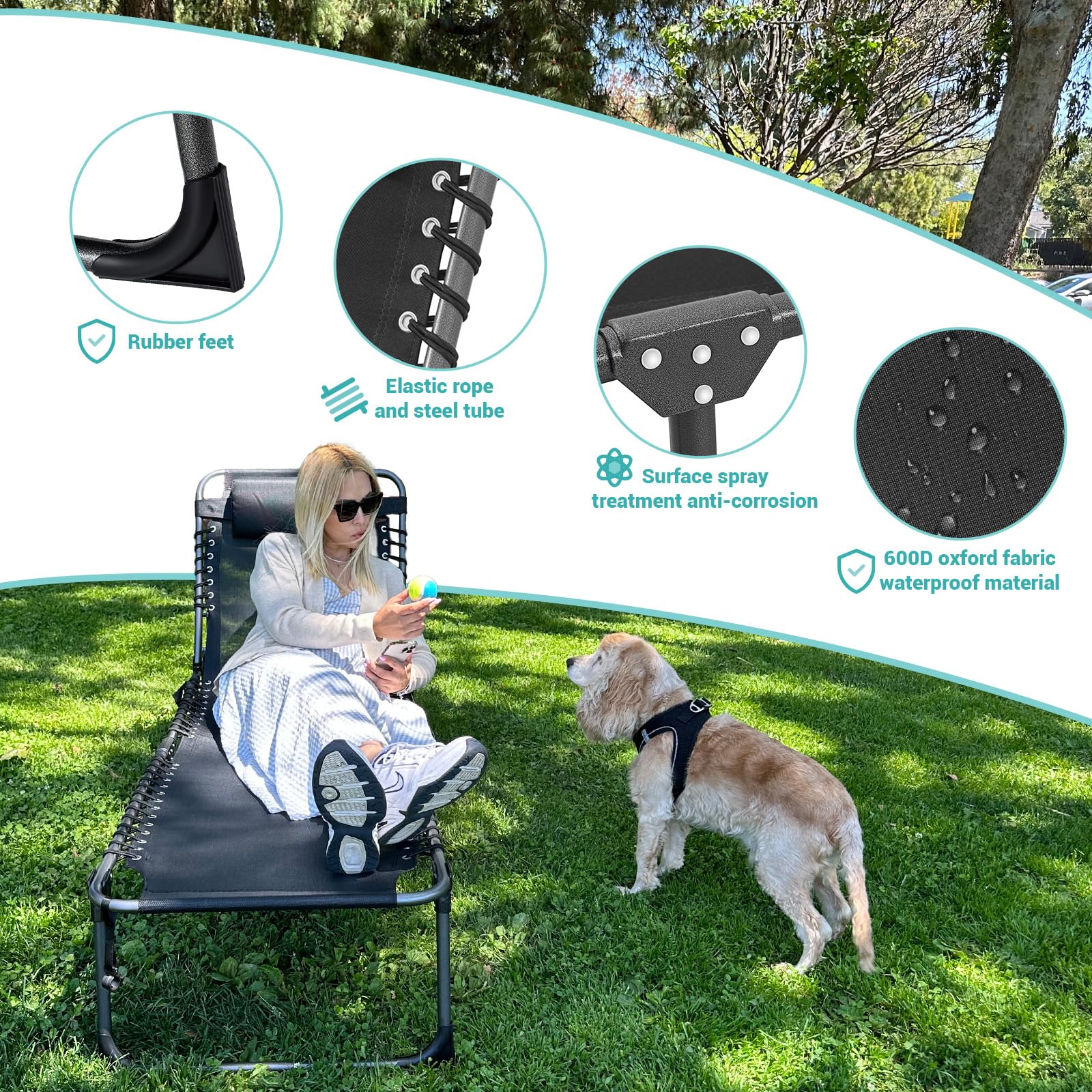 #WEJOY Outdoor Folding Chaise Lounge Chair for Outside, Patio, Beach, Poolside, Sunbathing, Adjustable 5-Position Reclining Chairs, Heavy Duty Camping Cot with Shoulder Strap and Pillow, Teal