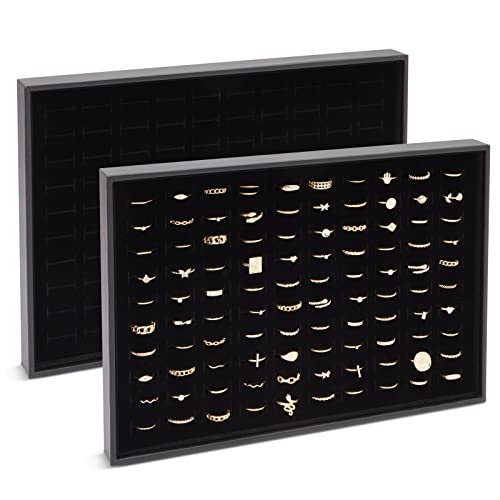 2 Pack Ring Display Tray Velvet, 100 Slot Foam Jewelry Organizer for Storage (13.8x9.5 x1.3 in)