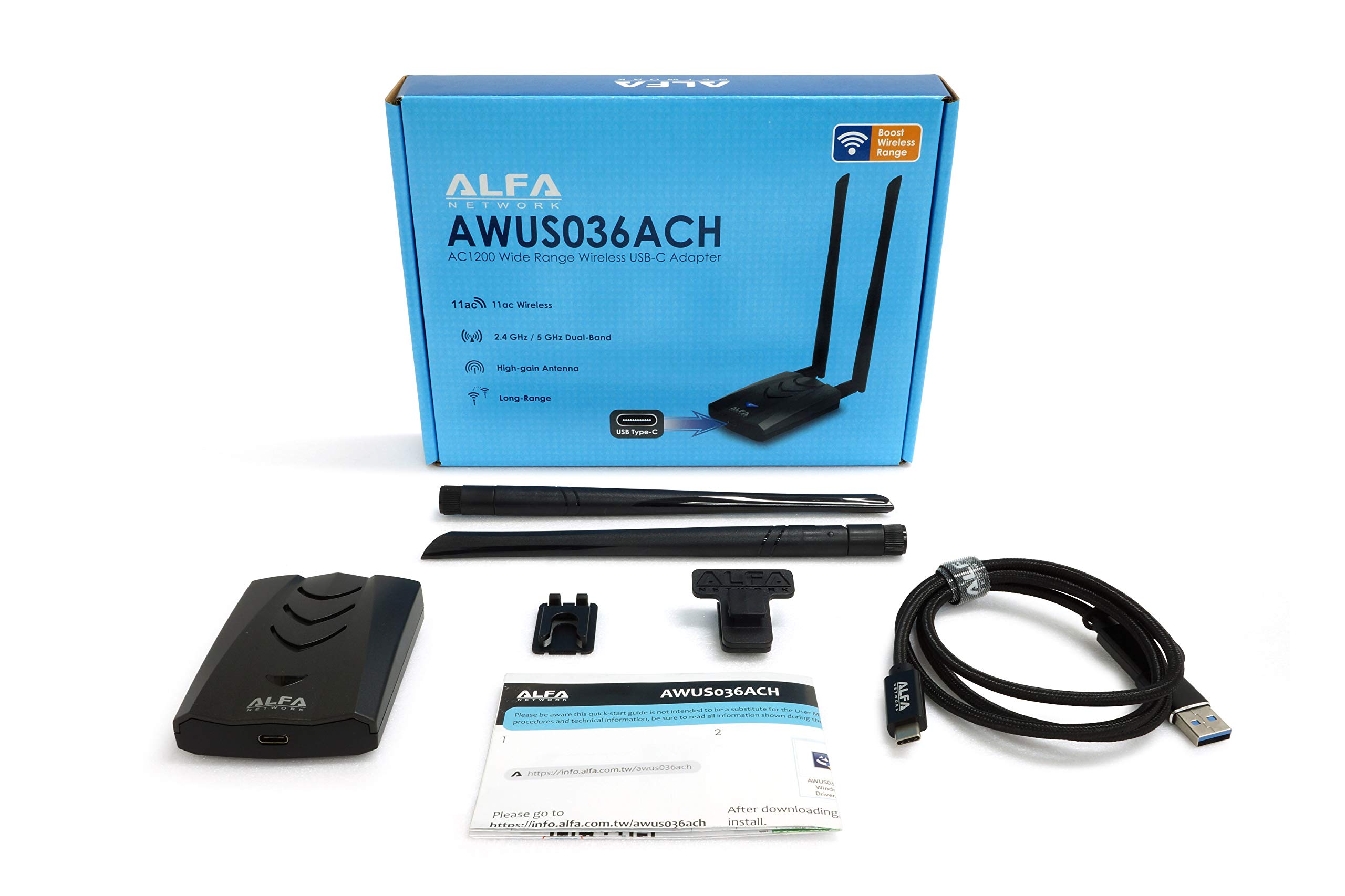 【New Version Type-C WiFi USB】 ALFA AWUS036ACH Long-Range Dual-Band AC1200 Wireless Wi-Fi Adapter w/2x 5dBi External Antennas – 2.4GHz 300Mbps/5GHz 867Mbps – 802.11ac & A, B, G, N