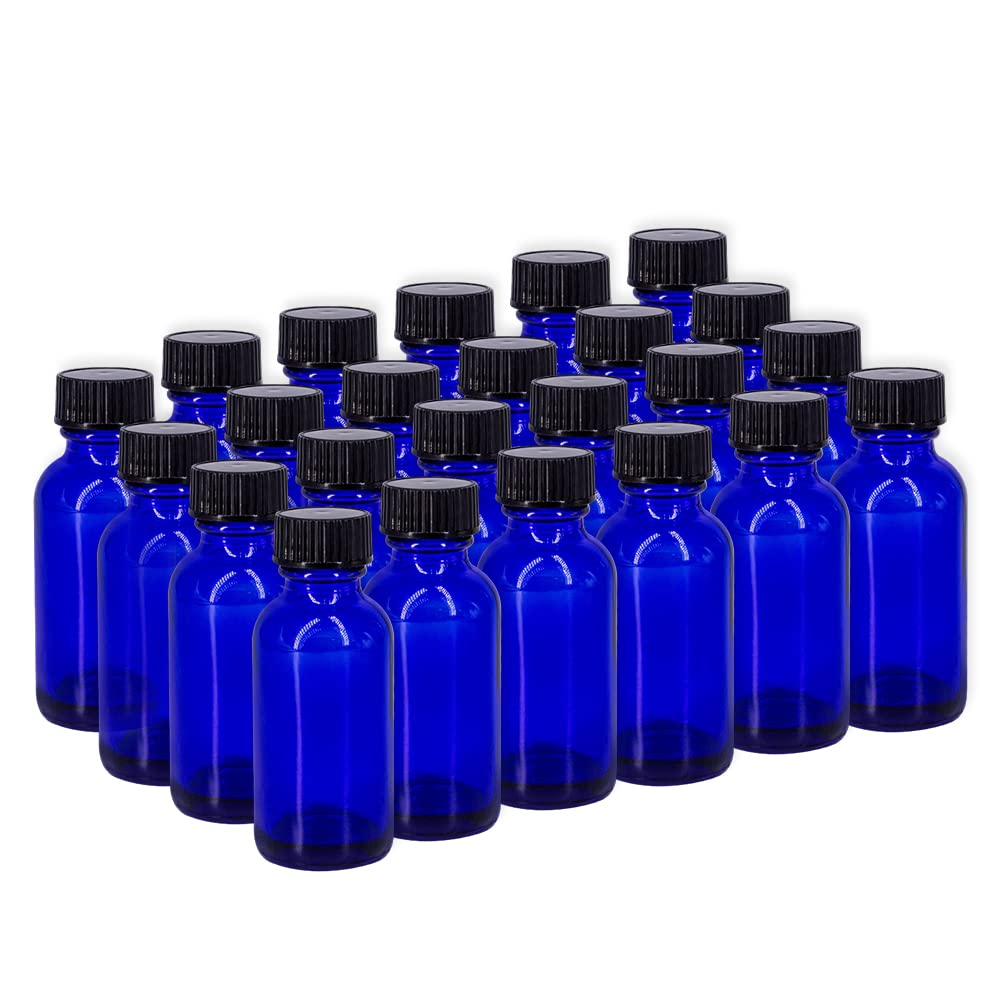 1 oz Cobalt Blue Glass Boston Round Bottles With Black Ribbed Cap - Pack of 24