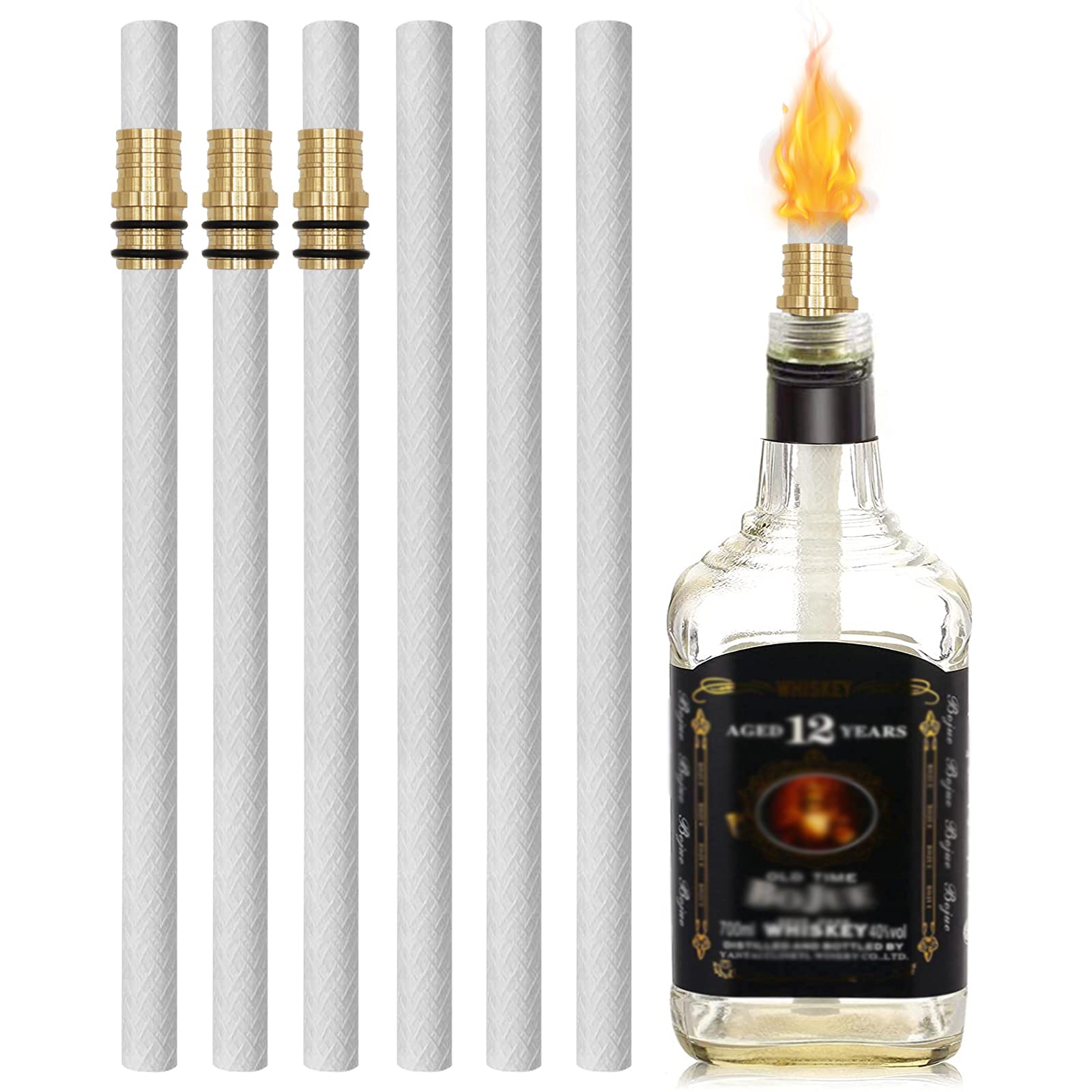 0.5"X13.78" Long Life Fiberglass Replacement Wicks for Tiki Torch, Patio Torch Lights Kit, Outdoor Garden Citronella Torches,DIY Homemade Torch Wine Bottle Torch Wicks ,Indoor Decor W/ 3 Brass Mounts