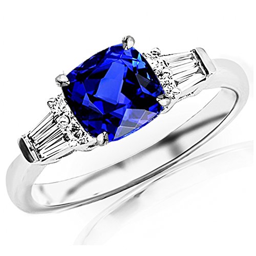 0.85 Carat t.w 14K White Gold Prong Set Round And Baguette Diamond Engagement Ring w/a 0.5 Carat Cushion Cut Purple Tanzanite Heirloom Quality