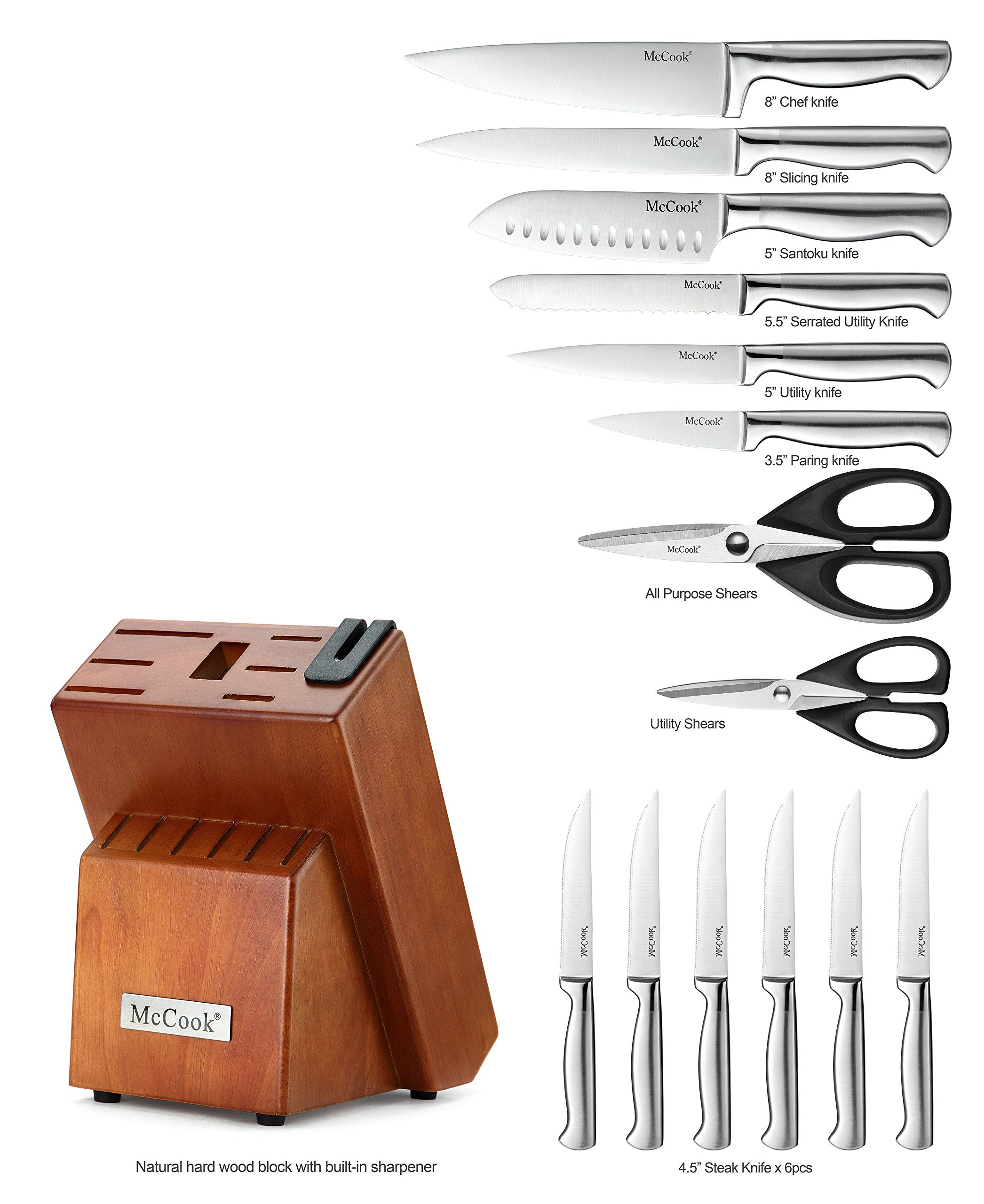 【What Yout Get】MC29 15 Pieces German Stainless Steel Knife Block Sets with Built-in Sharpener + McCook MC59B Steak Knives Set of 6
