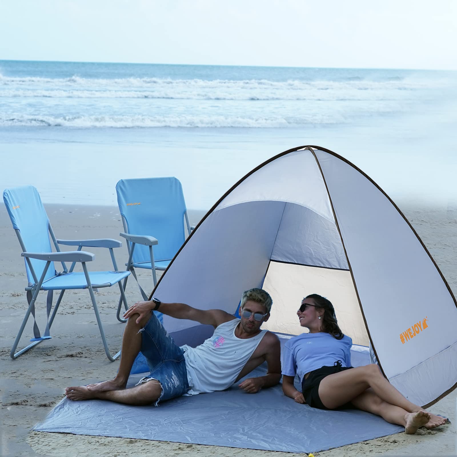 #WEJOY Pop Up Beach Tent Sun Shelter Automatic Instant Ultra Light Portable Outdoors Quick Cabana Tent for Beach Sun Shade, UPF 50+, LIGHTBLUE_2 Person, (47 + 24) × 57 × 43"