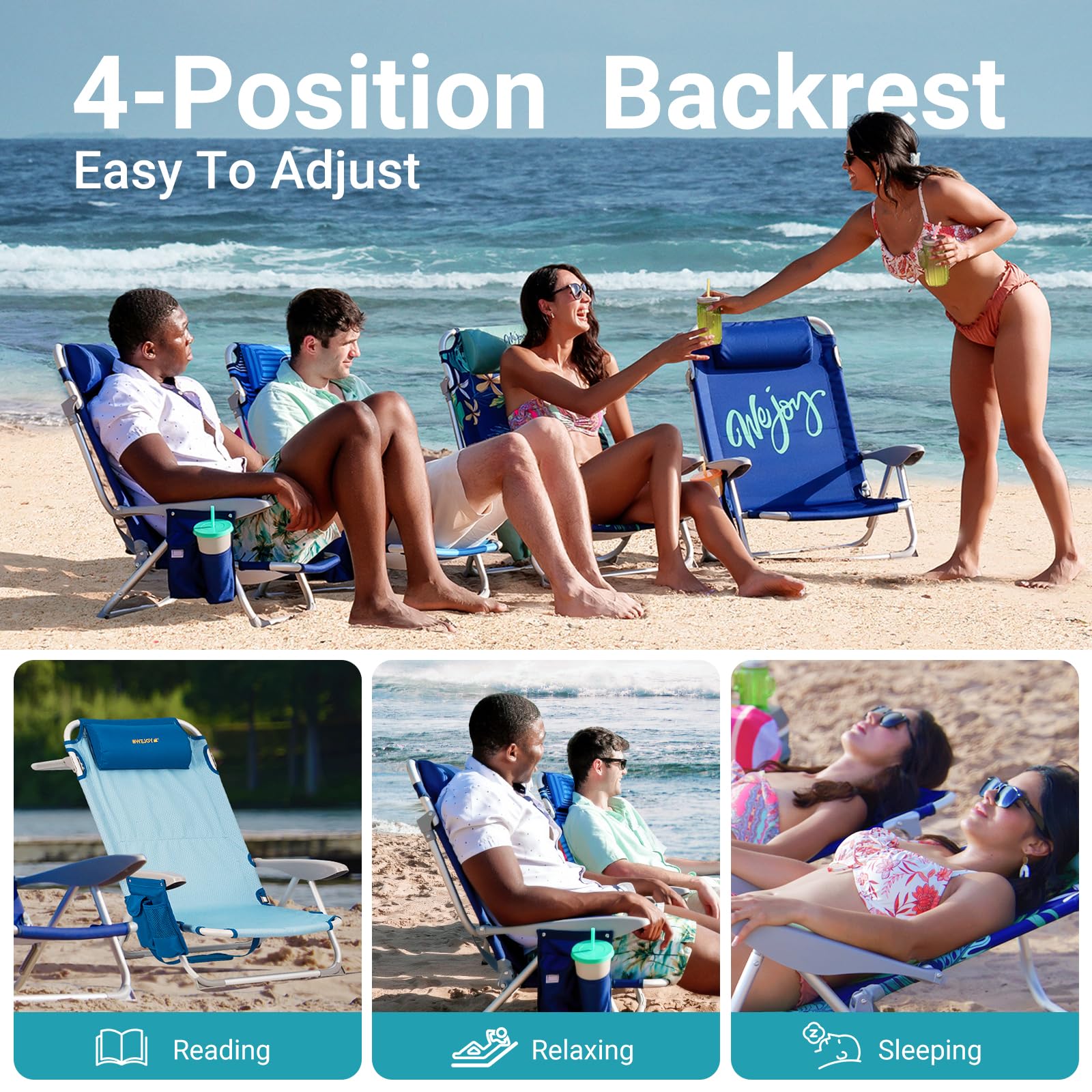 #WEJOY Aluminum Lightweight 4-Position Backpack Beach Chair, Reclining Low Seat Folding Beach Chairs for Adults with Carry Strap Cup Holder Pocket Armrest Headrest for Outdoor Camping Concert Lawn
