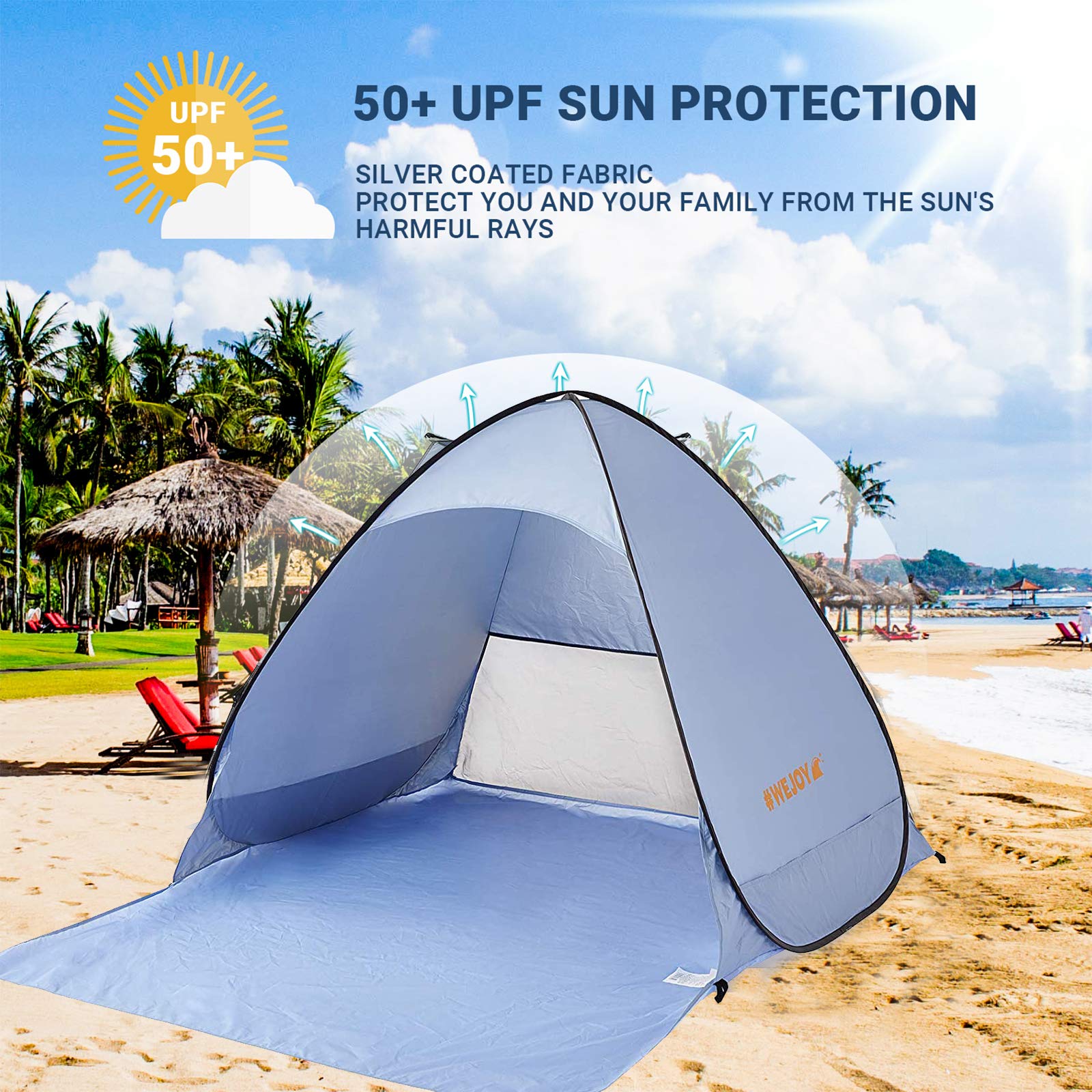 #WEJOY Pop Up Beach Tent Sun Shelter Automatic Instant Ultra Light Portable Outdoors Quick Cabana Tent for Beach Sun Shade, UPF 50+, LIGHTBLUE_2 Person, (47 + 24) × 57 × 43"