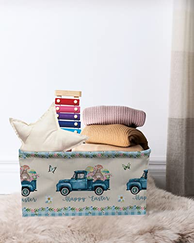 1 PCS Large Storage Basket Bins Waterproof Fabric, Easter Rectangular Storage Box for Shelf Closet Organizer Easter Egg Easter Bunny Butt Blue Plaid Spring Holiday Rustic
