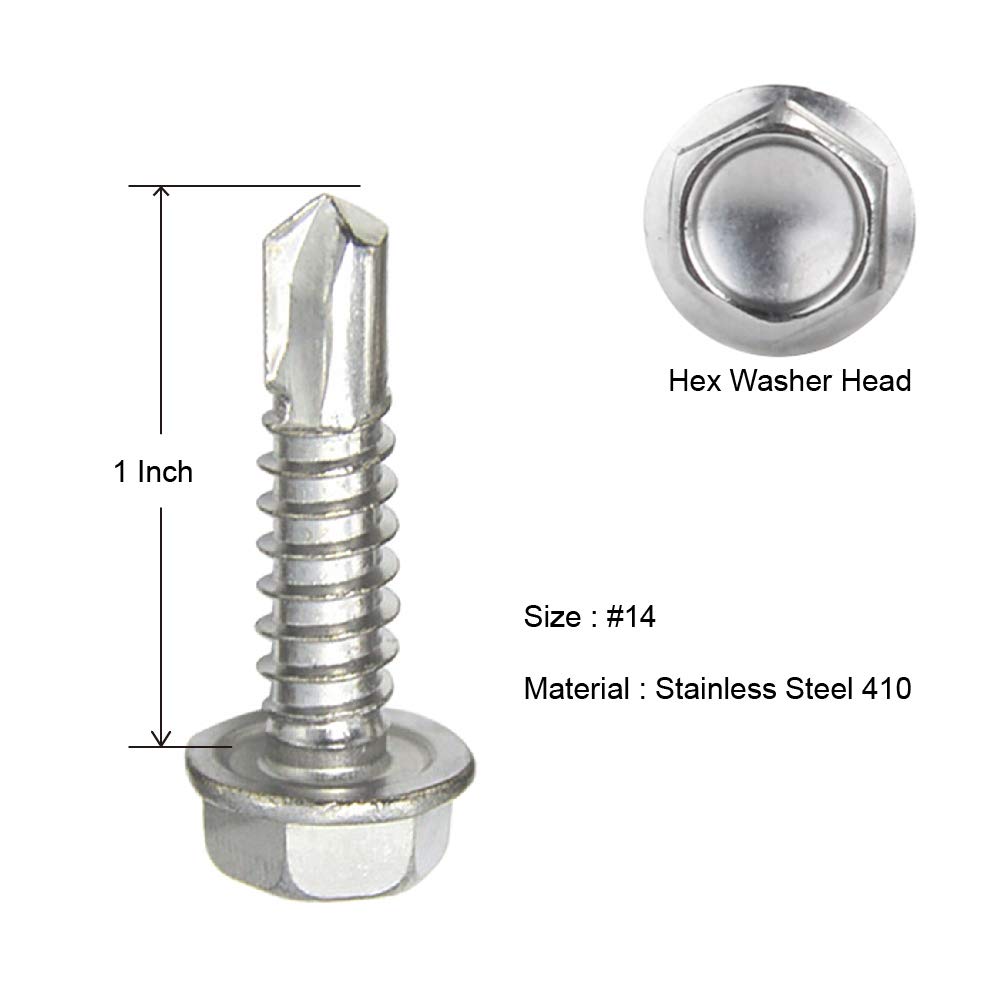 #14 x 1 Hex Washer Head Self Drilling Sheet Metal Screws with Drill Point, Stainless Steel 410, Plain Finish, 50 PCS