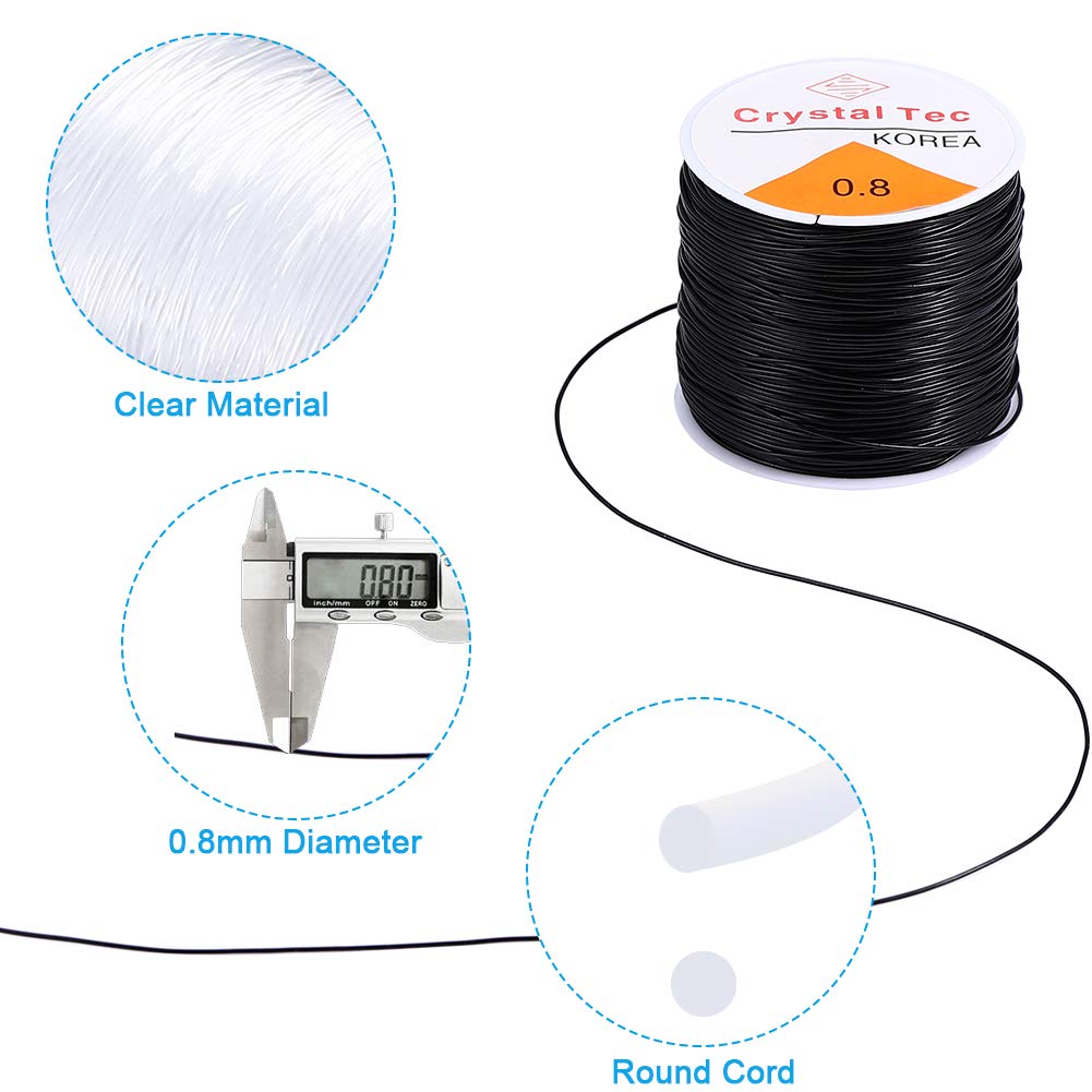 0.8mm Elastic Cord for Jewelry Making,50M Black and 50M Clear Elastic String Beading Jewelry String Stretch Cord for Bracelets,Crystal Stretchy String Bead Cord with Beaded Needle and Scissors