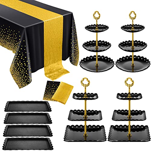 10 Pcs Dessert Table Display Set 3 Tiers Plastic Cupcake Stand Rectangle Serving Trays Tablecloth Sequin Table Runner for Wedding Birthday Baby Shower Tea Party Decorations (Black)