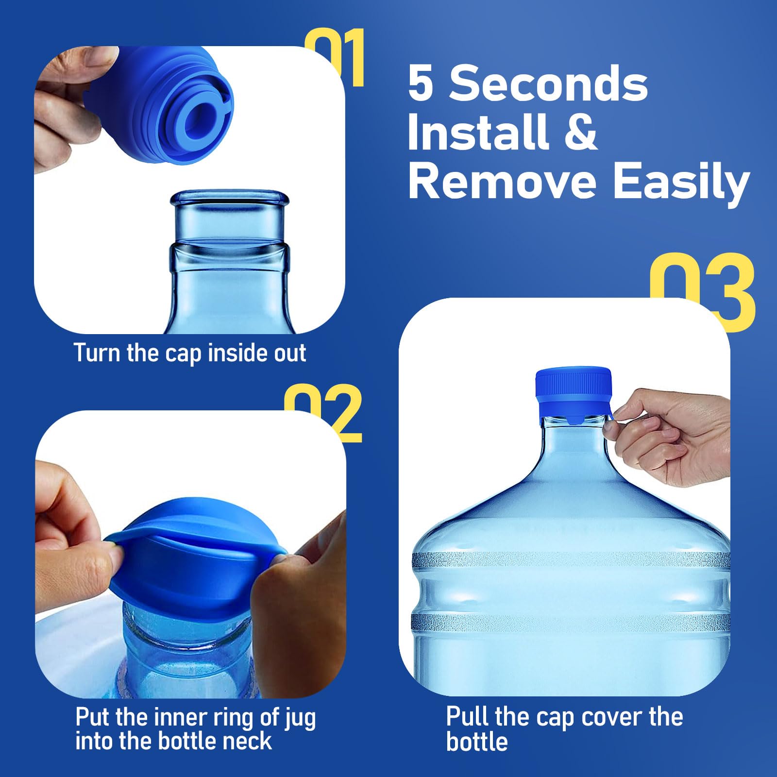 【Upgraded】Morsatie Reusable 3 & 5 Gallon Water Jug Cap, No Leaking & Popping Open, Food Grade Silicone Replacement Cap for 55mm Standard/Screw/Crown Top Water Bottle & Water Pump Dispenser, 3Pcs