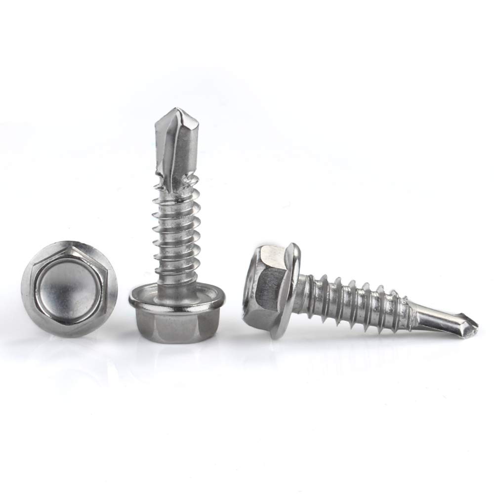 #14 x 1 Hex Washer Head Self Drilling Sheet Metal Screws with Drill Point, Stainless Steel 410, Plain Finish, 50 PCS