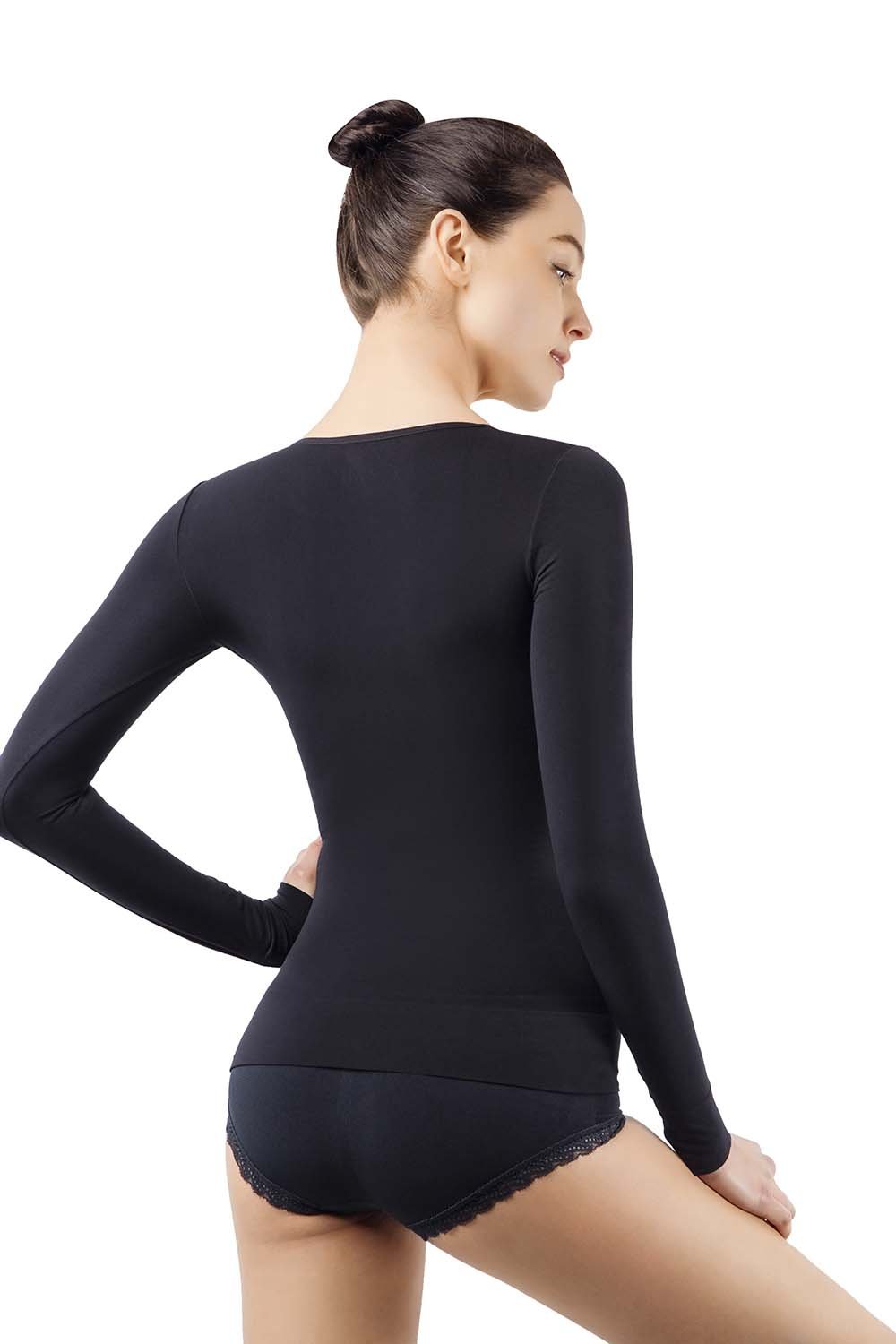 +MD Womens Compression Slimming Shirts and Undershirts for Tummy Waist and Bust Long Sleeves Round Neck BlackXL