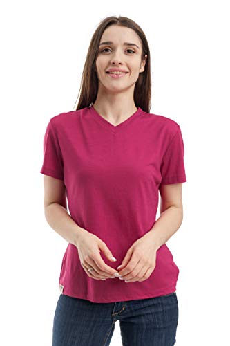 100% NZ Organic Merino Wool Lightweight Women's Base Layer Thermal Short Sleeve T-Shirt + Merino Wool Hiking Socks Bundle (Medium, Purple V-Neck)