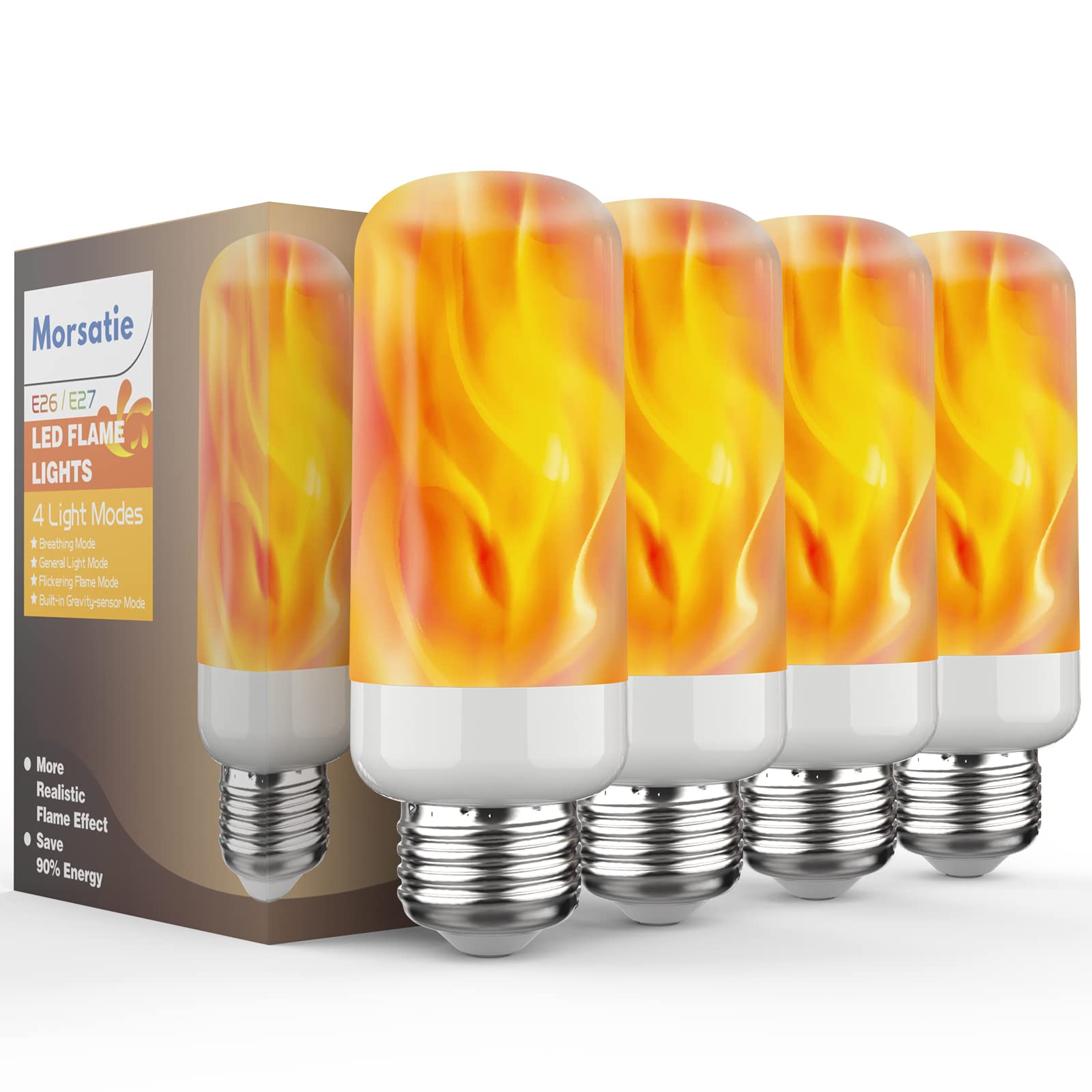 【Upgraded】Morsatie LED Flame Light Bulbs, 4 Modes Flickering Light Bulbs with Upside Down Effect, E26/E27 Fire Light Bulb for Halloween, Christmas, Party, Porch, Patio, Indoor Outdoor Decoration-4 Pcs