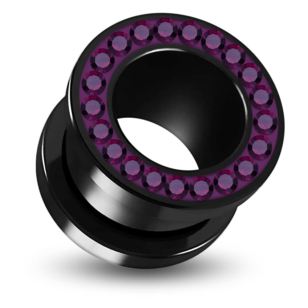0 Gauge - 8MM Multi Purple Crystals Stone Setting On Black UV Acrylic Flesh Tunnel - Sold by Piece