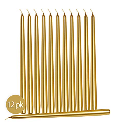 12 Pack Tall Metallic Taper Candles - 12 Inch Gold Painted Metallic, Dripless, Unscented Dinner Candle - Paraffin Wax with Cotton Wicks - Individually Wrapped -by Hyoola