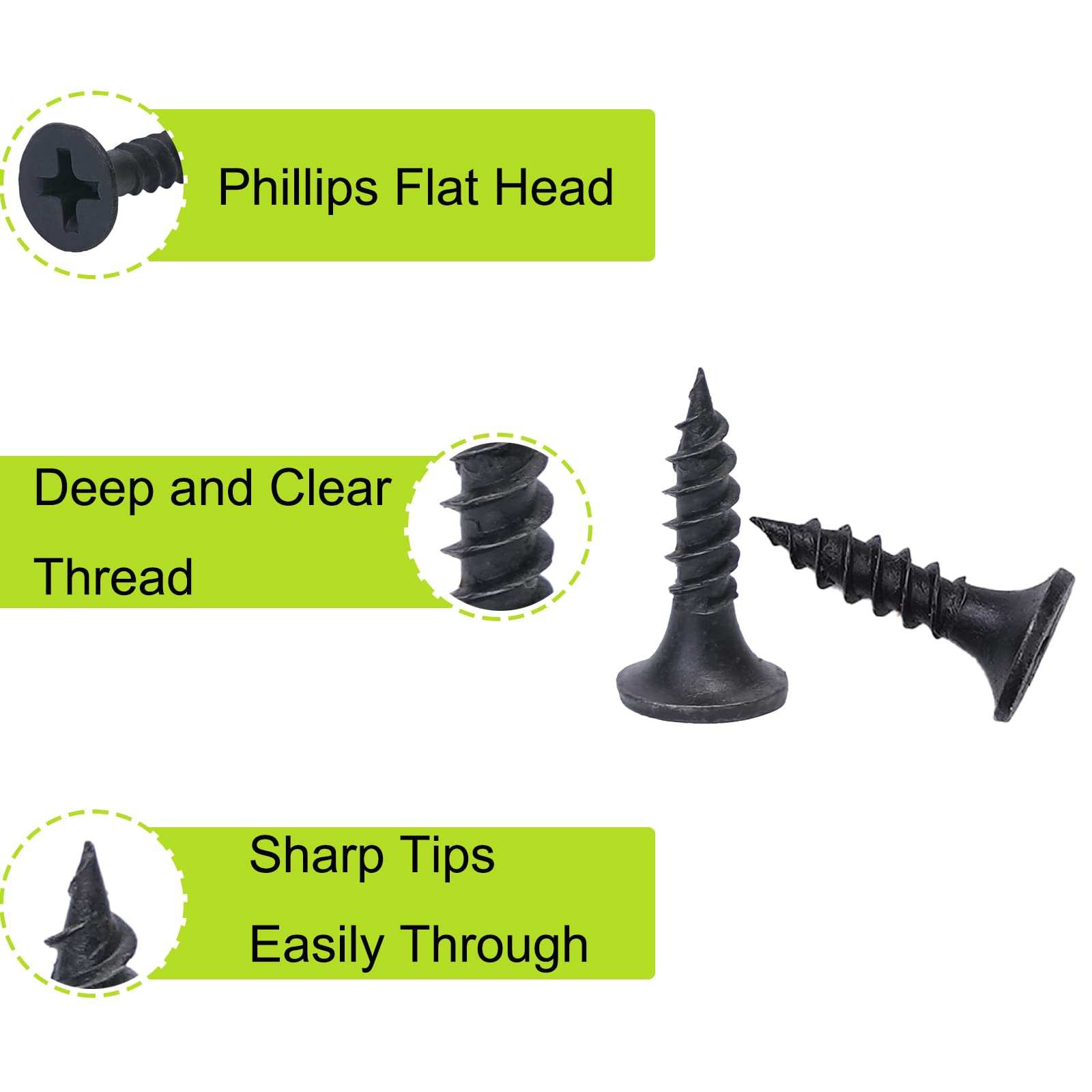 #6 X 5/8" Wood Screws 100pcs Black Flat Phillips Screws Self Tapping Wood Screws Carbon Steel Assorted Drywall Screws for Wood, Cabinet, Furniture