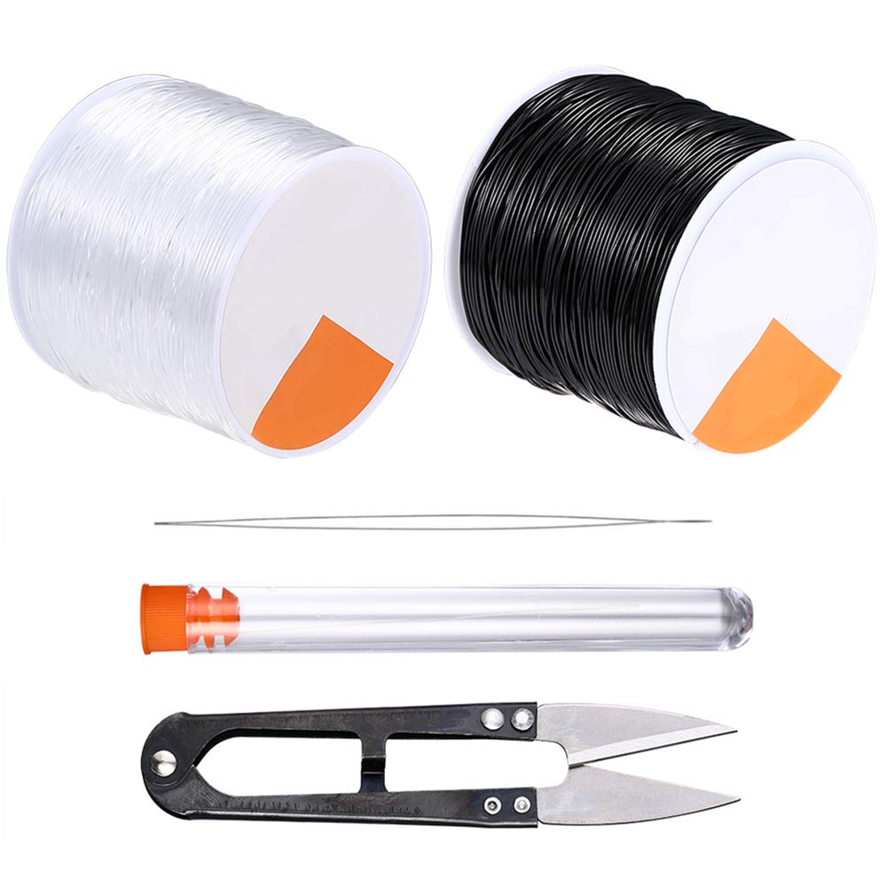 0.8mm Elastic Cord for Jewelry Making,50M Black and 50M Clear Elastic String Beading Jewelry String Stretch Cord for Bracelets,Crystal Stretchy String Bead Cord with Beaded Needle and Scissors
