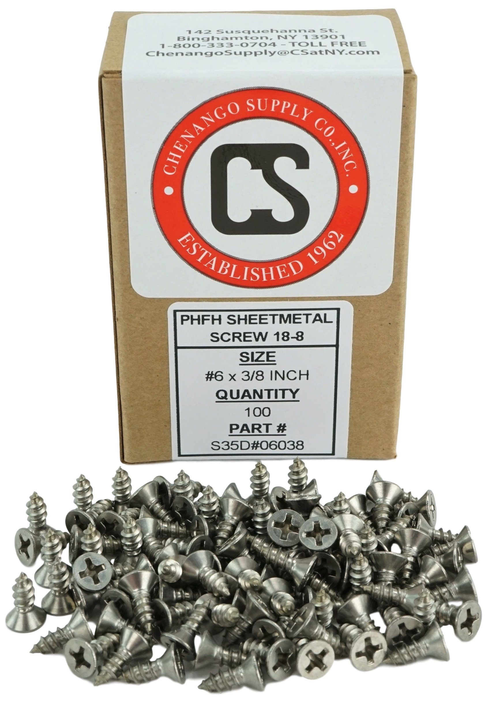 #6 X 3/8" Stainless Phillips Flat Head Sheetmetal Screw (3/8" to 2" in Listing) 100 Sheet Metal Screws, 82 Degrees (#6 x 3/8")