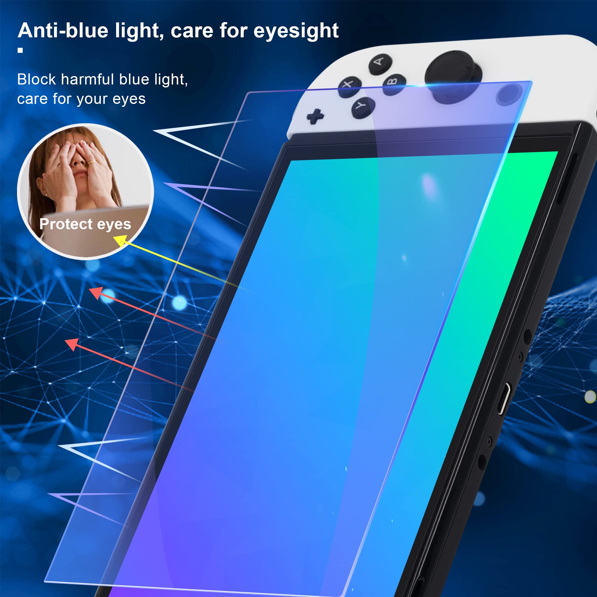 【Anti-Blue Light】BRHE Screen Protector for Nintendo Switch OLED Model 7 '' 2021 Console Accessories, 0.25mm 9H Tempered Film Clear Protective Glass with Easy Installation Frame-2 Pack