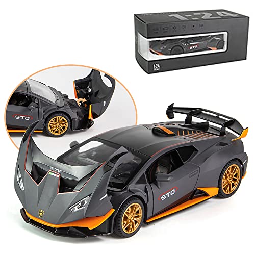 1:24 Alloy Diecast Car Model for Lamborghini Huracan STO 2021 Toy Car, Pull Back Vehicles Model Cars Toy for Kids 3 to 12 Years Old Gift Adult Collection Car Model with Sound & Light (Advanced Grey)