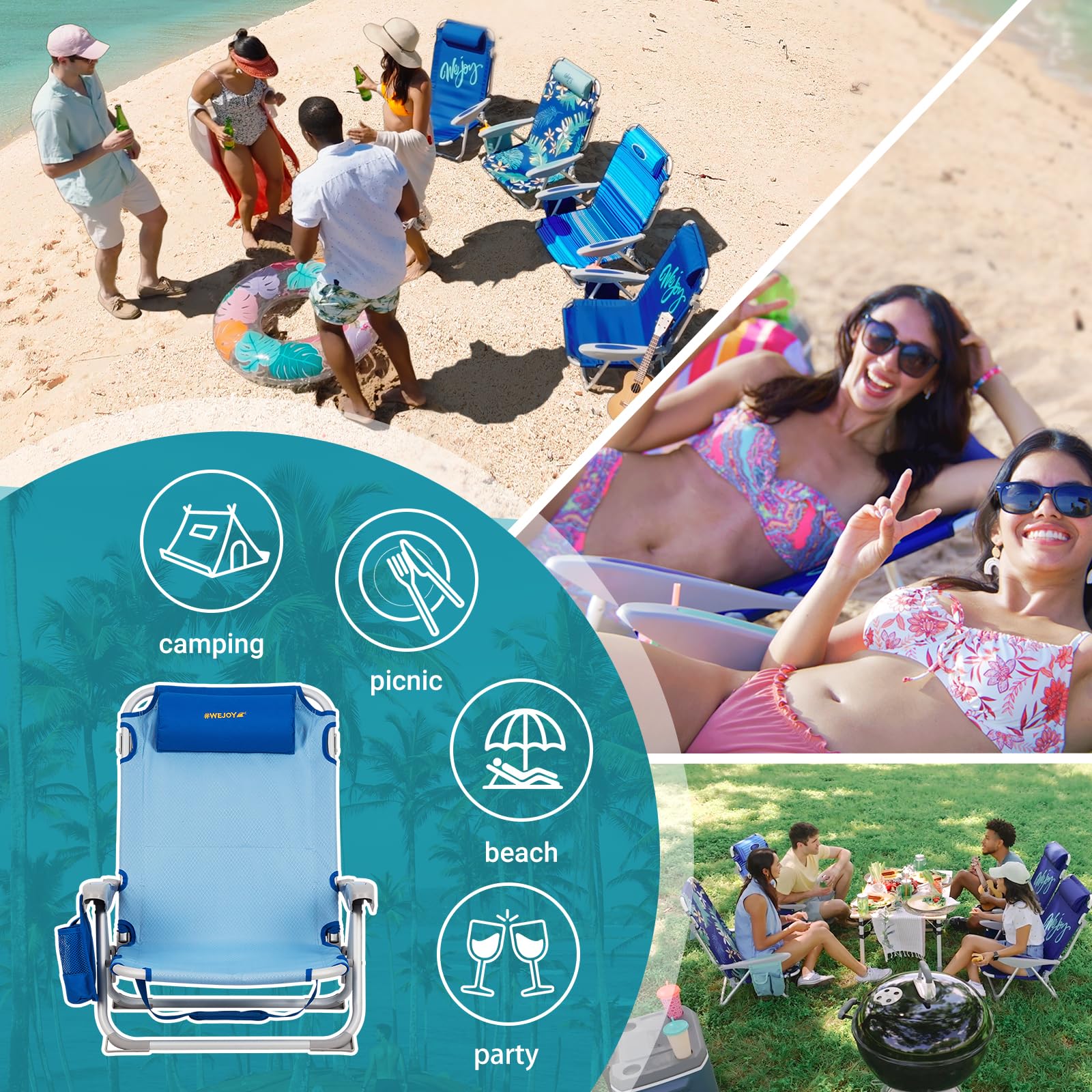 #WEJOY Aluminum Lightweight 4-Position Backpack Beach Chair, Reclining Low Seat Folding Beach Chairs for Adults with Carry Strap Cup Holder Pocket Armrest Headrest for Outdoor Camping Concert Lawn